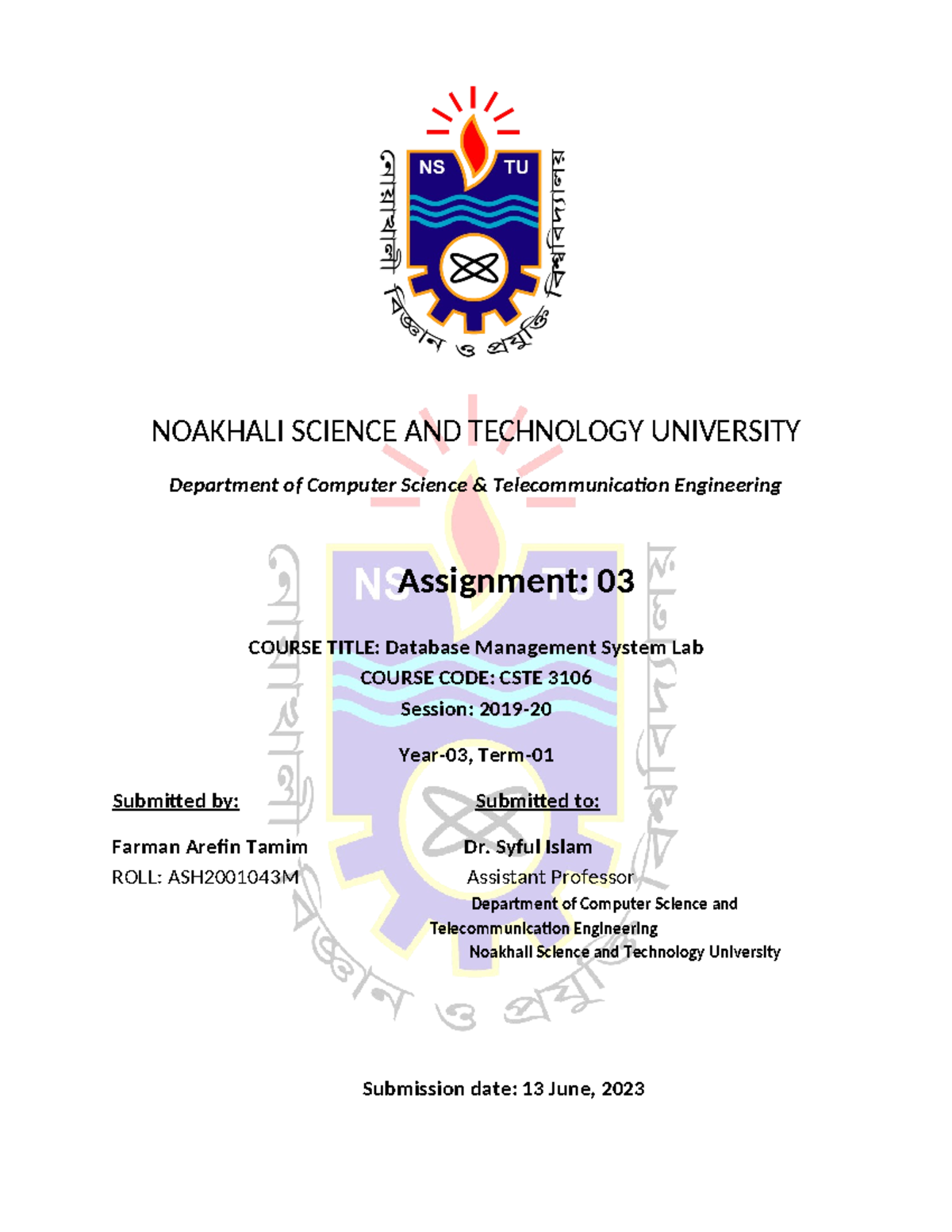 Pharmacy Management System - NOAKHALI SCIENCE AND TECHNOLOGY UNIVERSITY Department of Computer ...