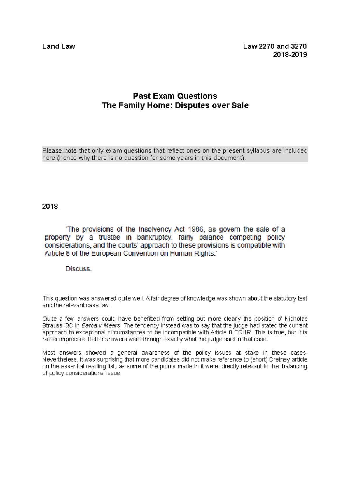 Land Law Law 2270 and 3270 Past Exam Questions The Family Home ...