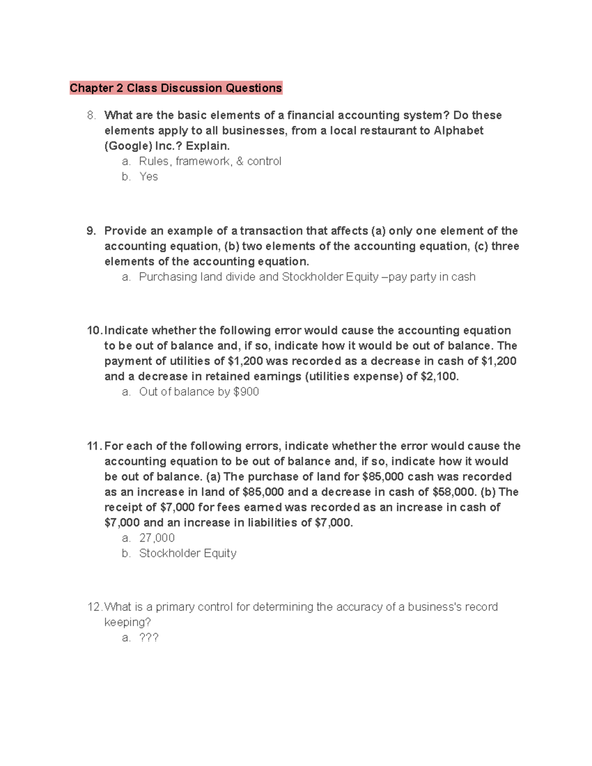 Chapter 2 Class Discussion Questions - Chapter 2 Class Discussion ...