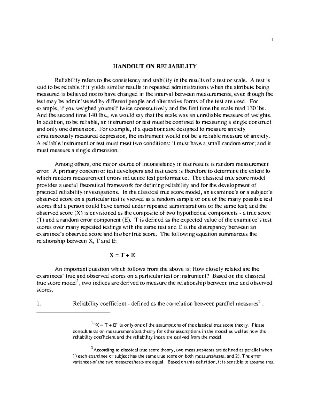 Reliability - HANDOUT ON RELIABILITY Reliability refers to the ...