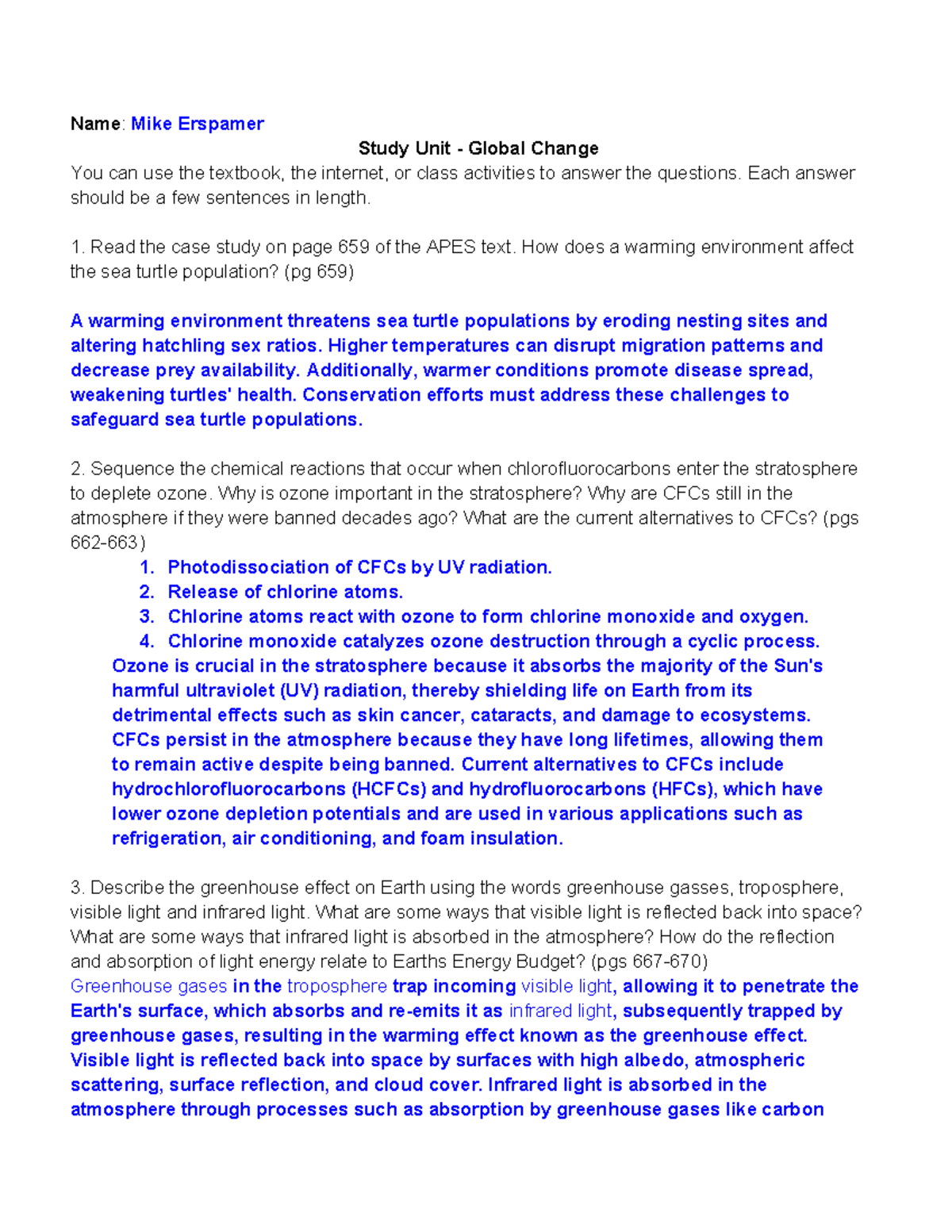 Study Unit - Global Change - Name: Mike Erspamer Study Unit - Global ...