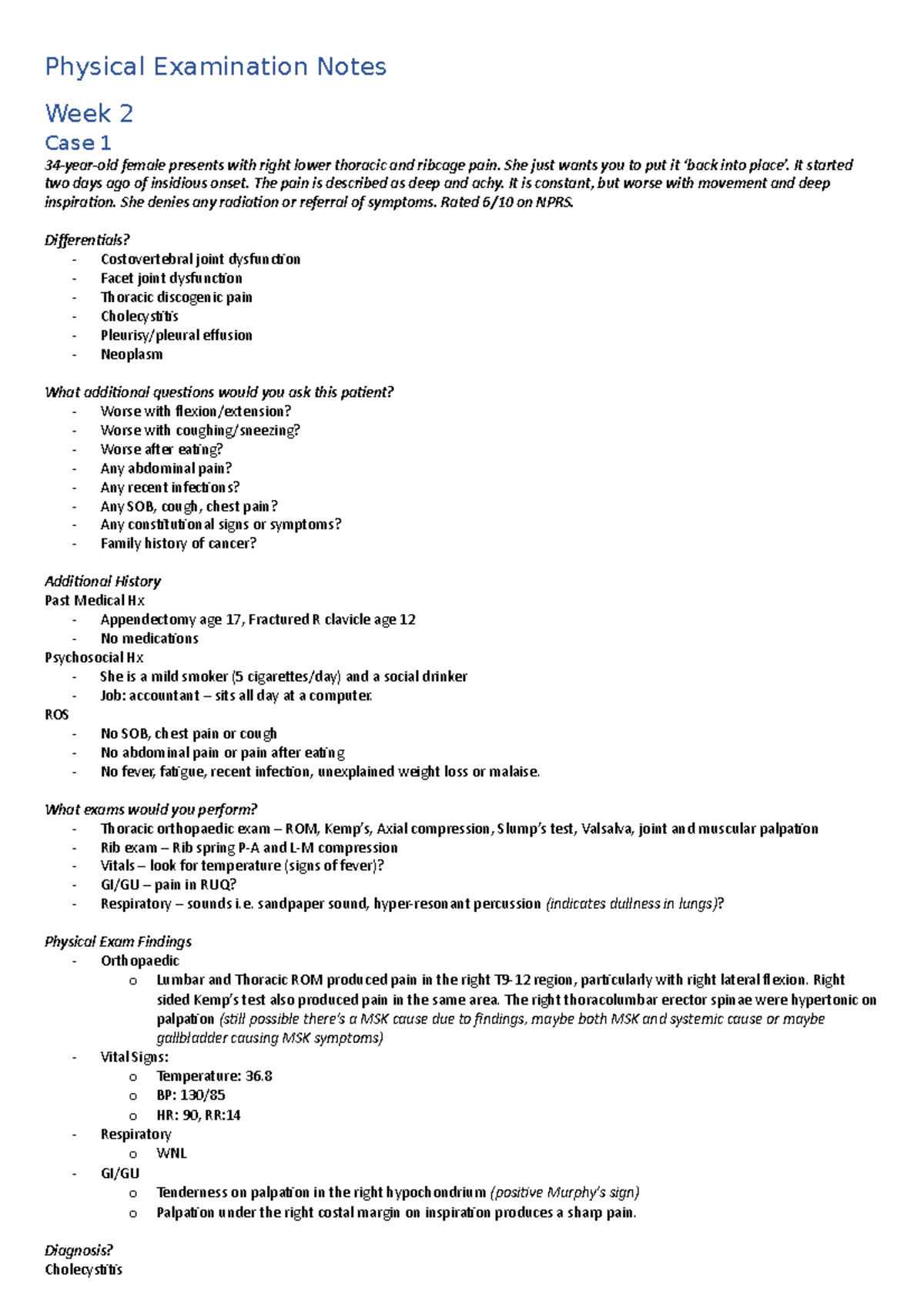 Example Cases Lab Notes - Physical Examination Notes Week 2 Case 1 34 ...