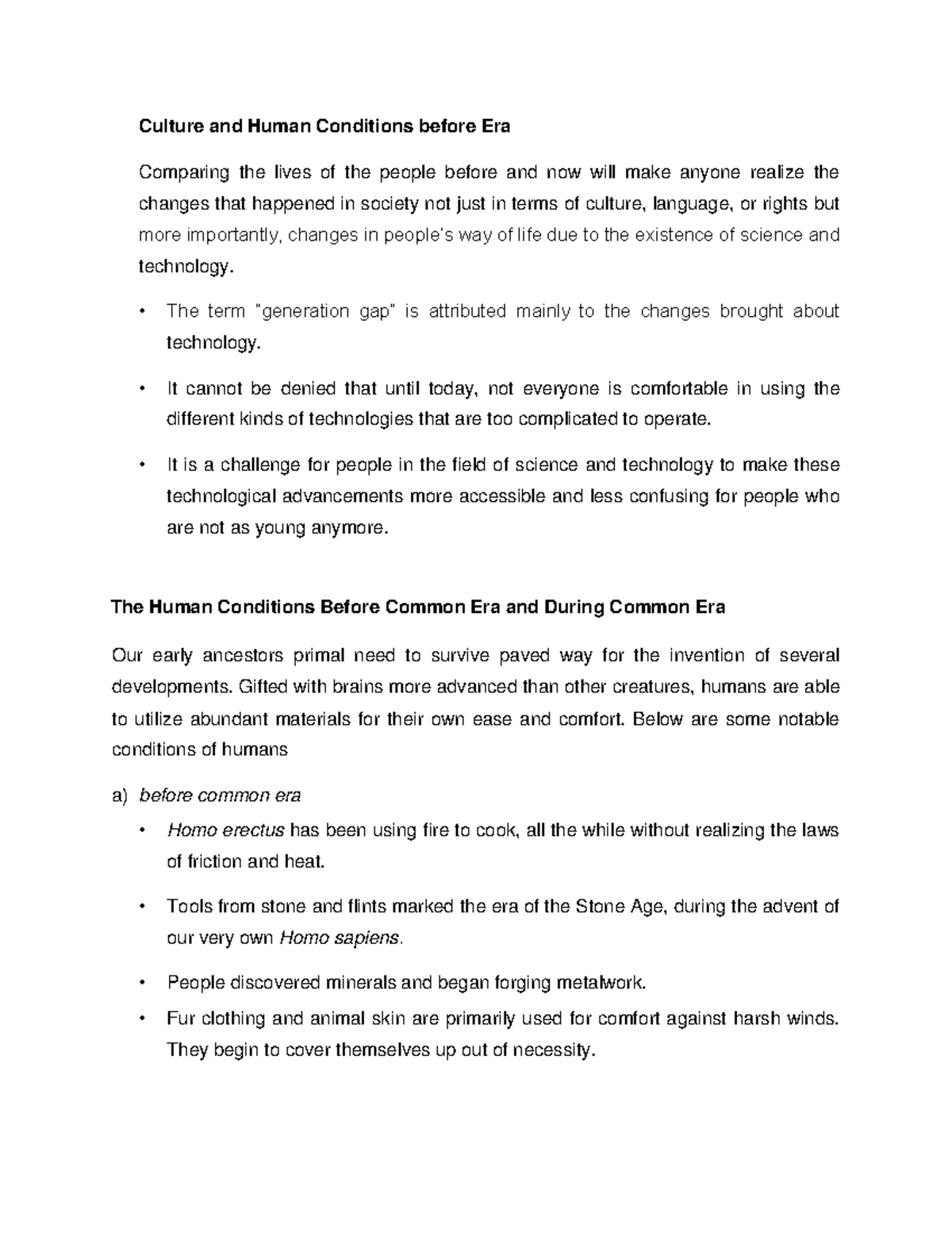 Human conditions Pre and Post era - Culture and Human Conditions before ...