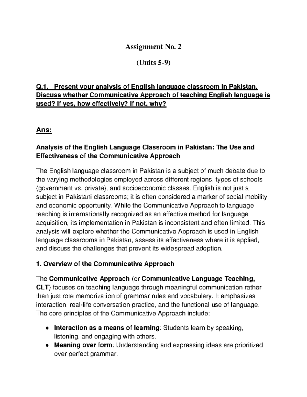 9060 G2101 ELT Methodologies - Assignment No. 2 (Units 5-9) Q. Present your analysis of English ...