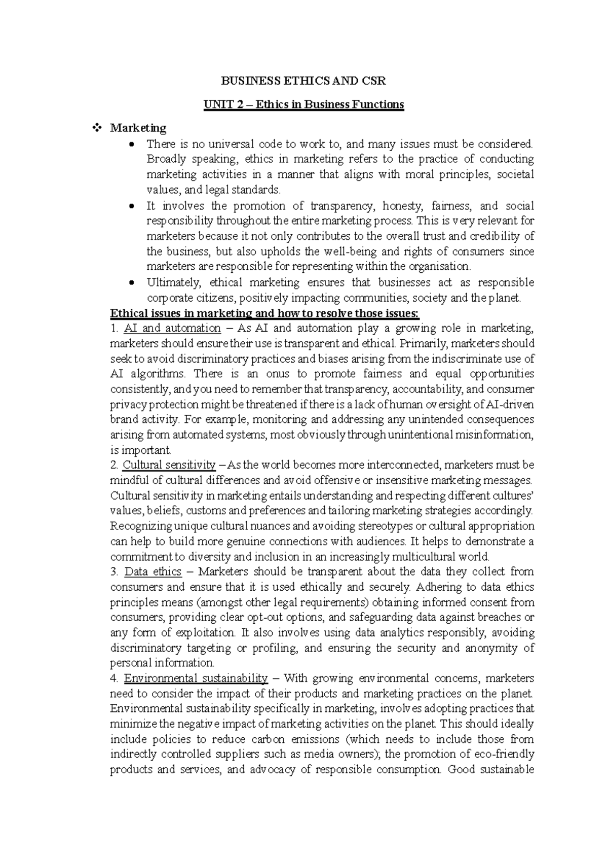 UNIT 2 Business Ethics AND CSR Notes-1 - BUSINESS ETHICS AND CSR UNIT 2 ...