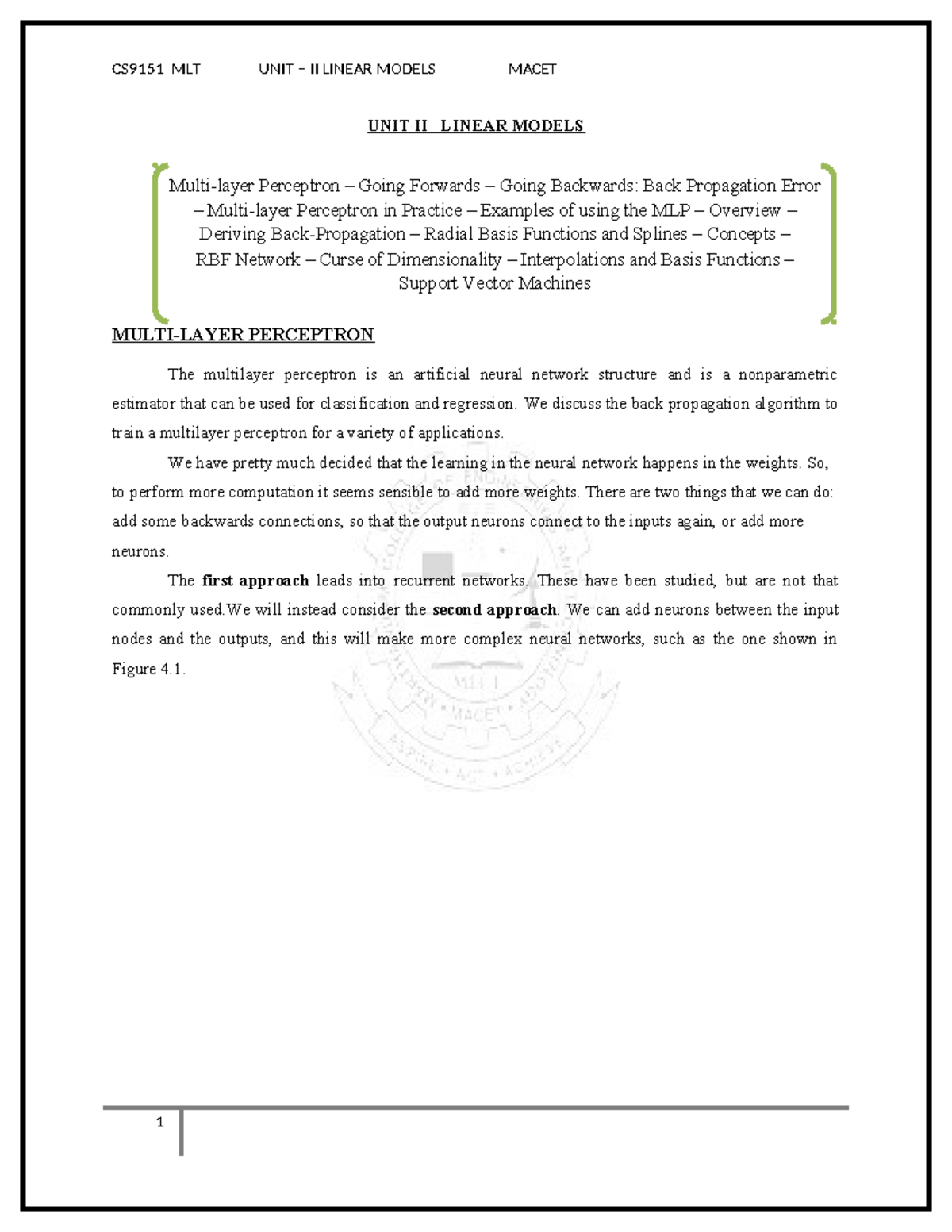 Unit 2 cp5191-mlt-unit-iidoc - UNIT II LINEAR MODELS Multi-layer Perceptron – Going Forwards ...