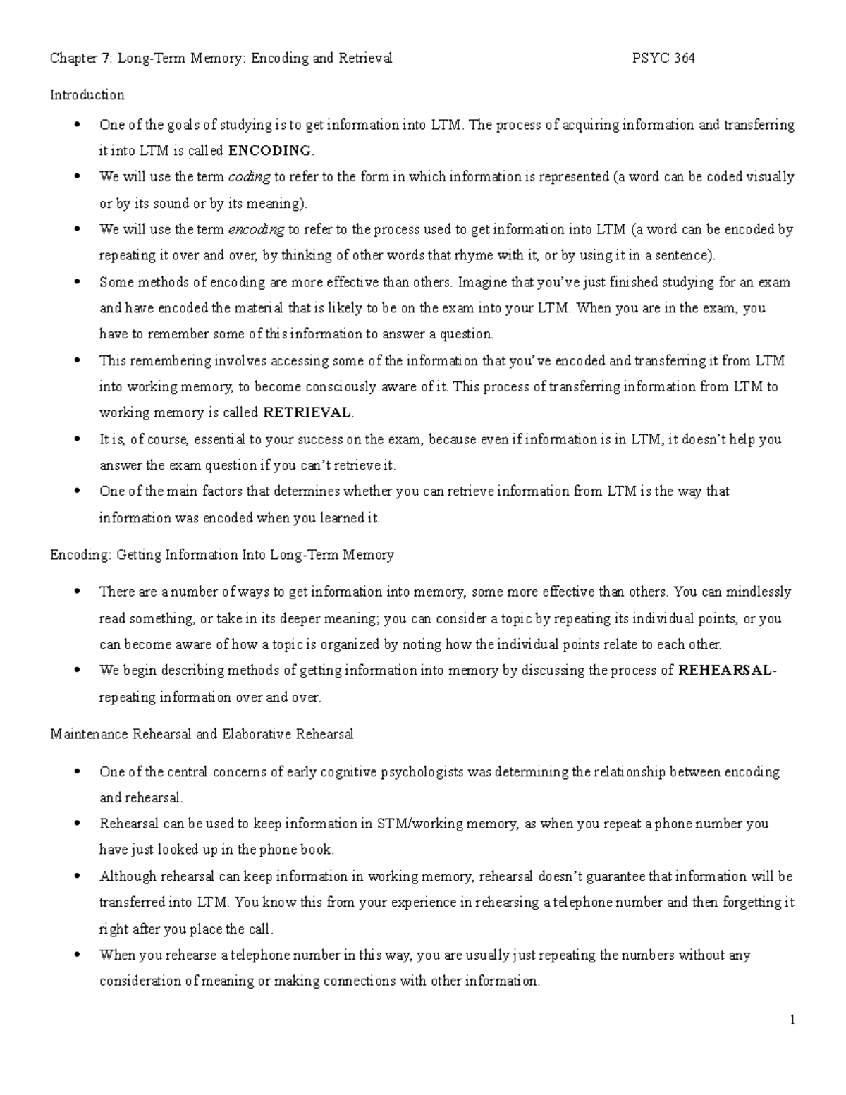 Chapter 7 in cognition - Chapter 7: Long-Term Memory: Encoding and Retrieval PSYC 364 ...