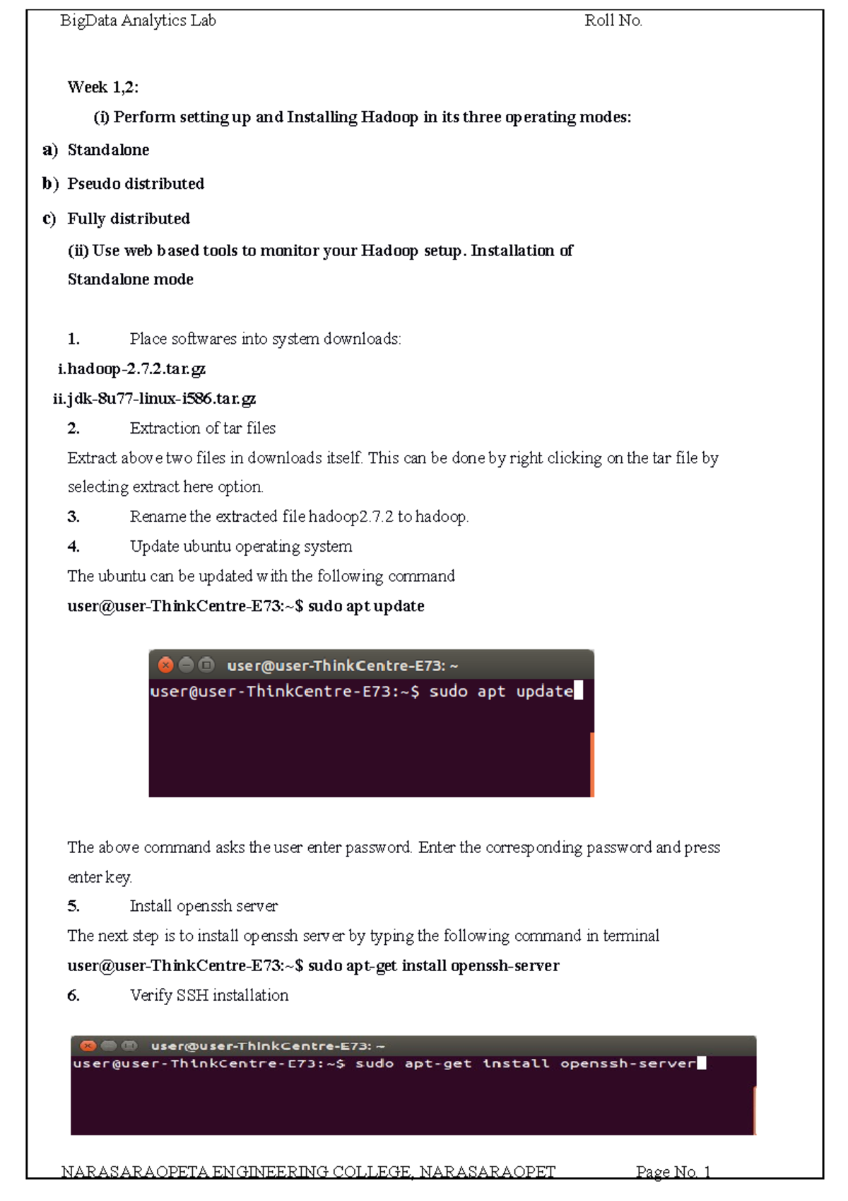 BDA Manual FOR lAB - Week 1,2: (i) Perform setting up and Installing Hadoop in its three ...