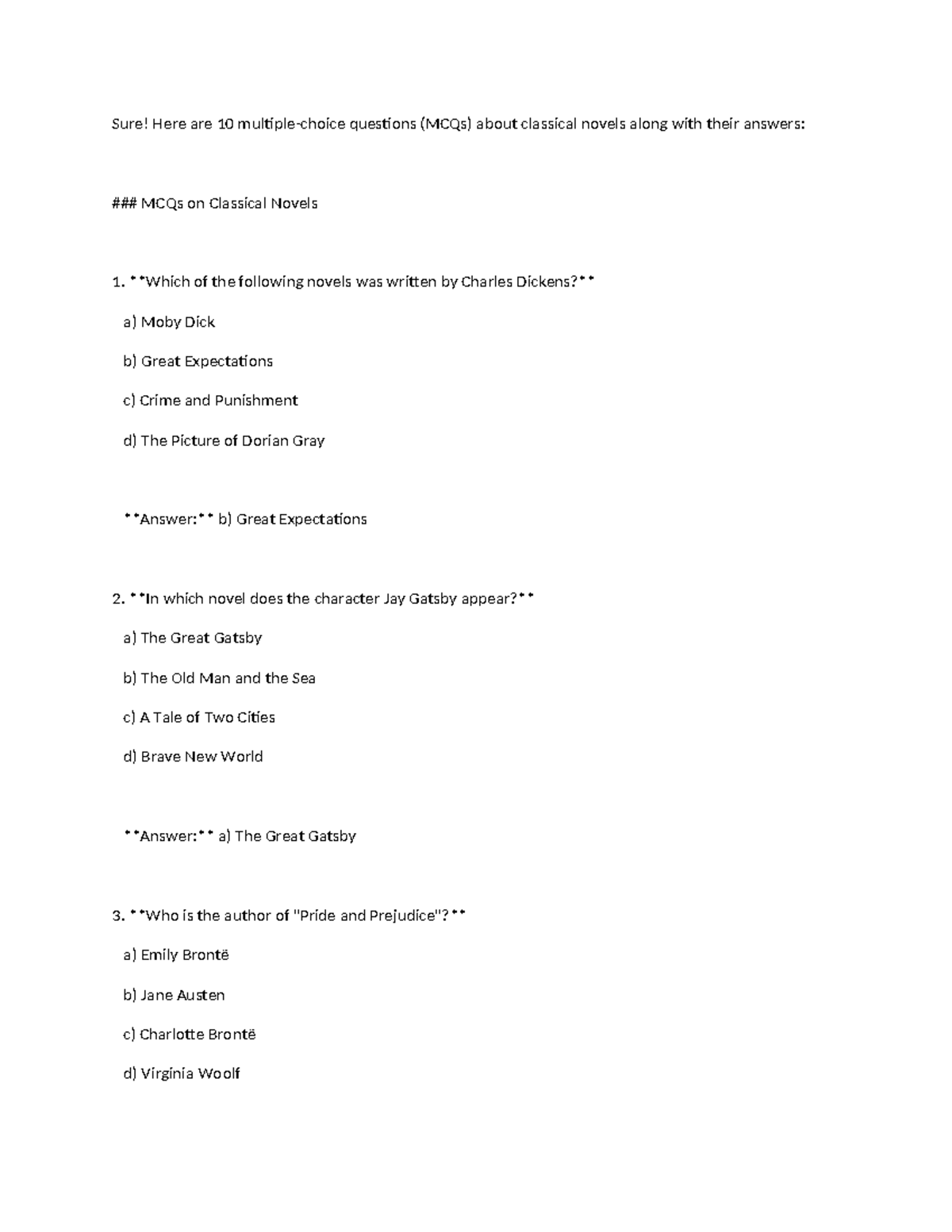 Sure classical novel - Sure! Here are 10 multiple-choice questions ...