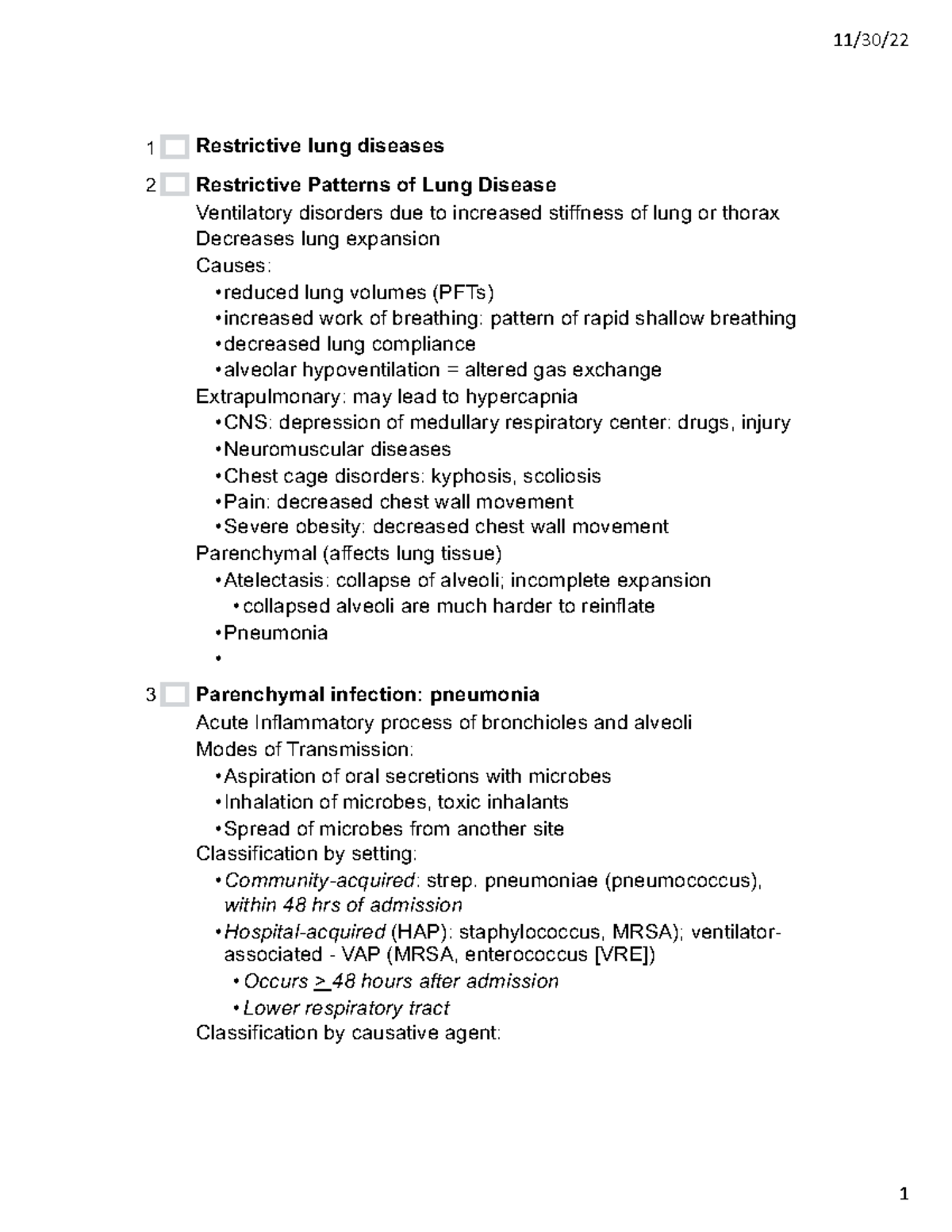Pneumonia TB 239 - 11/30/ 1 Restrictive lung diseases Restrictive ...