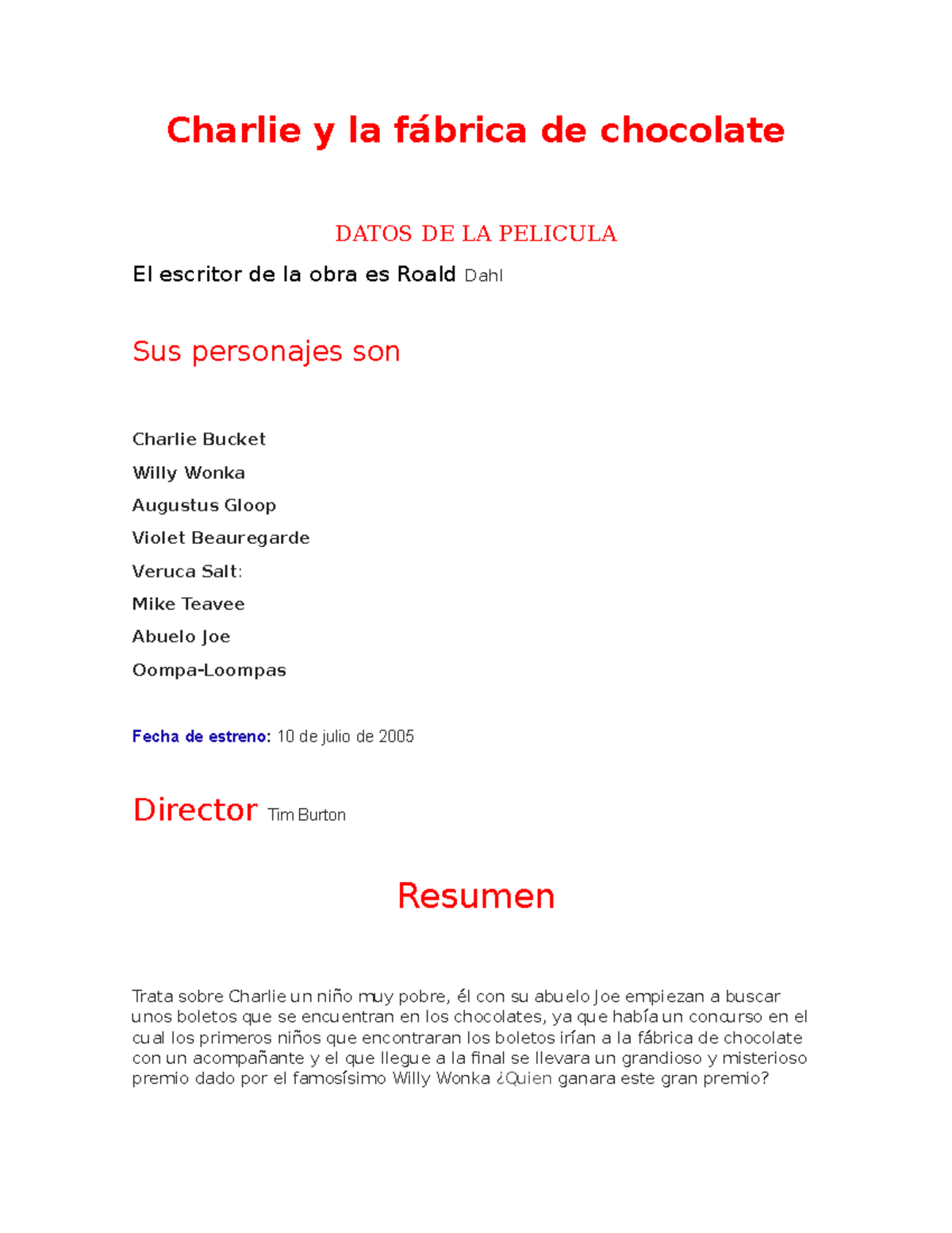 Charlie y la fábrica de chocolate - Charlie y la fábrica de chocolate ...