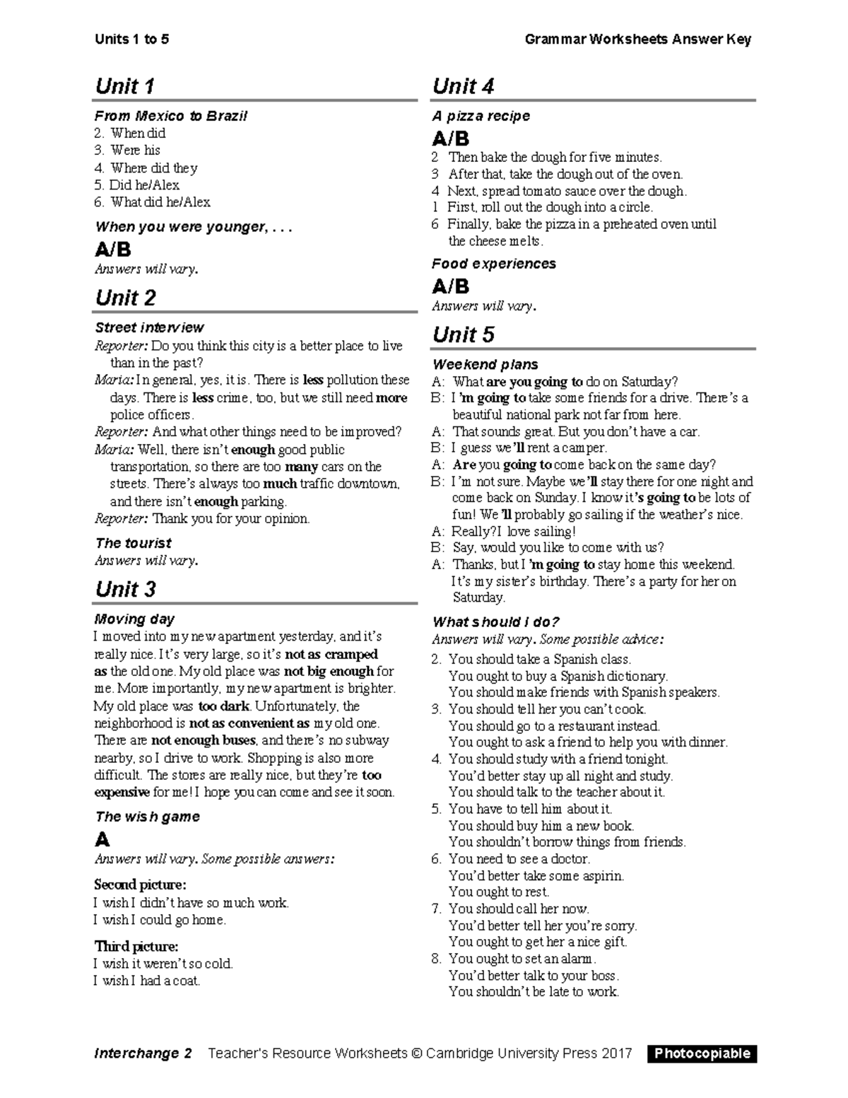 Interchange 5th Ed Level 2 Grammar Worksheets Answer Key - Units 1 to 5 Grammar Worksheets ...