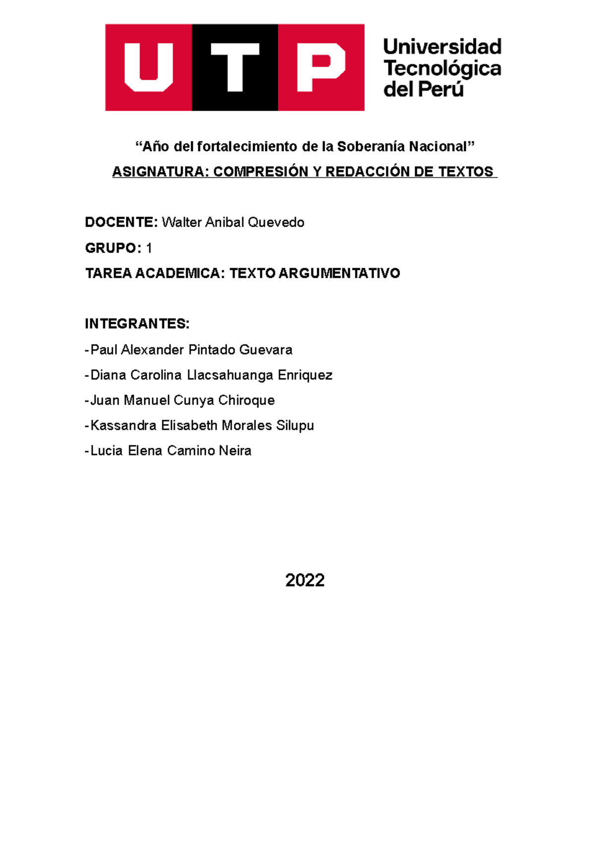 PC1 Texto Argumentativo (sincrónico) - “Año del fortalecimiento de la Soberanía Nacional” - Studocu