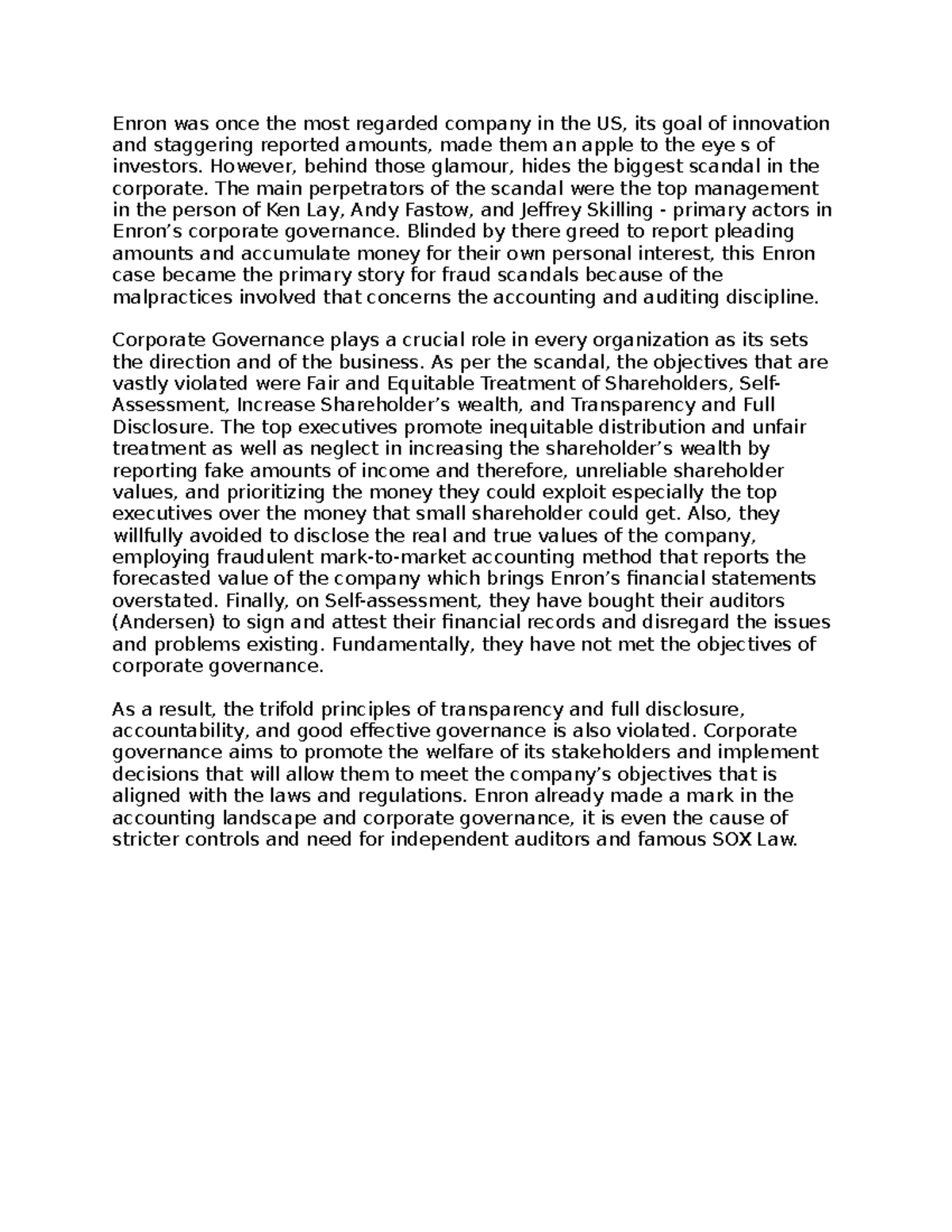 Enron Corporate Governance - Enron was once the most regarded company ...