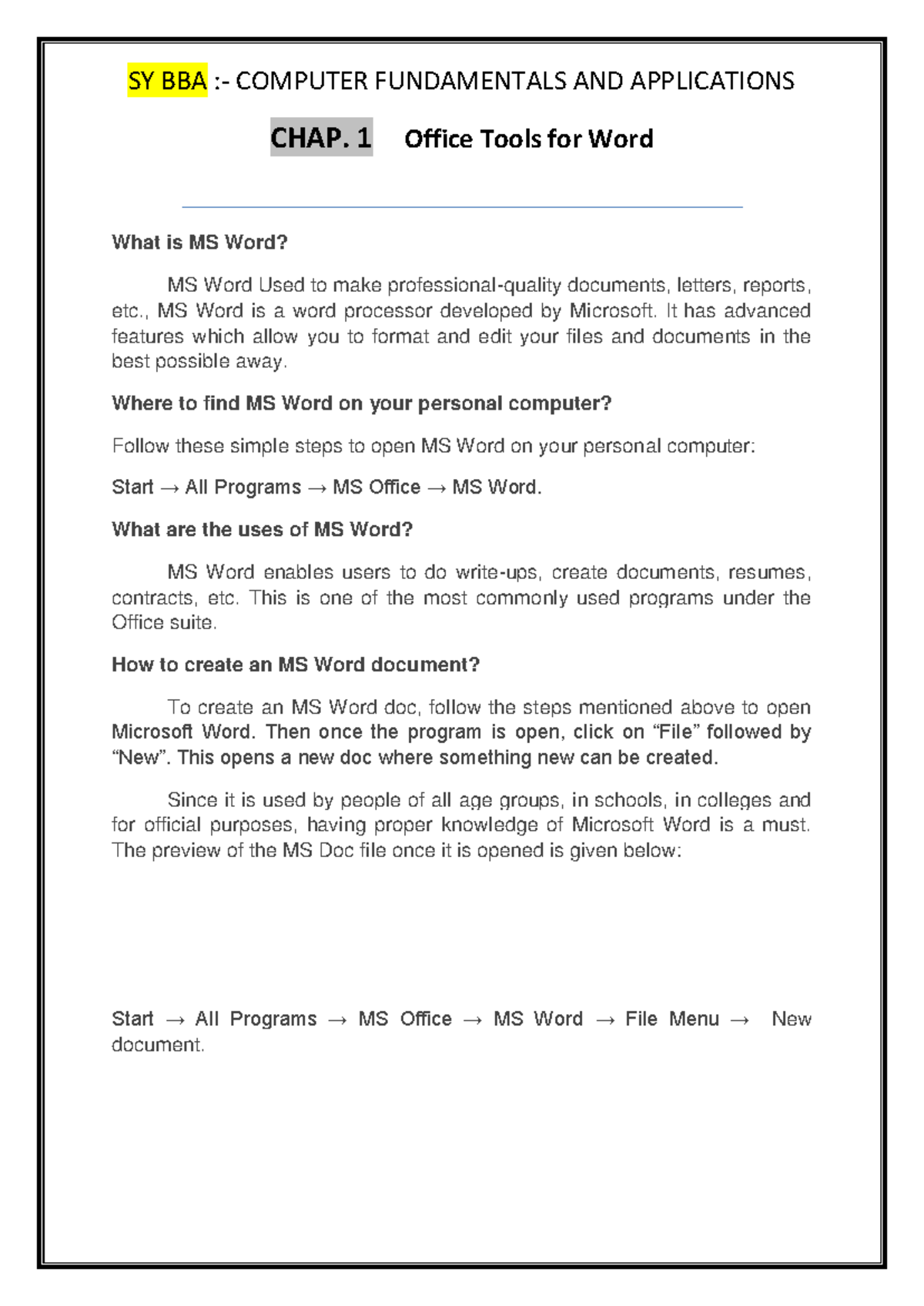 Chap. 1 sy bba - This project for bba and MBA students - SY BBA :- COMPUTER FUNDAMENTALS AND ...