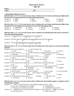 De2 - đề hay - PRACTICE TEST 2 Time 60’ - Studocu