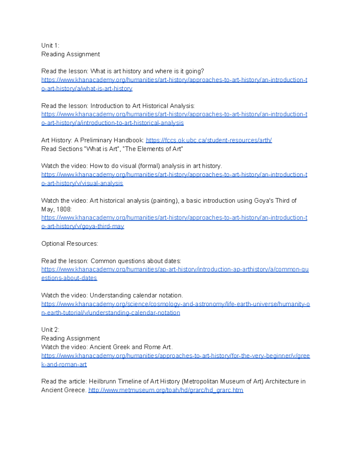 Reading lessons (Weeks 1 - 8) - Unit 1: Reading Assignment Read the lesson: What is art history ...