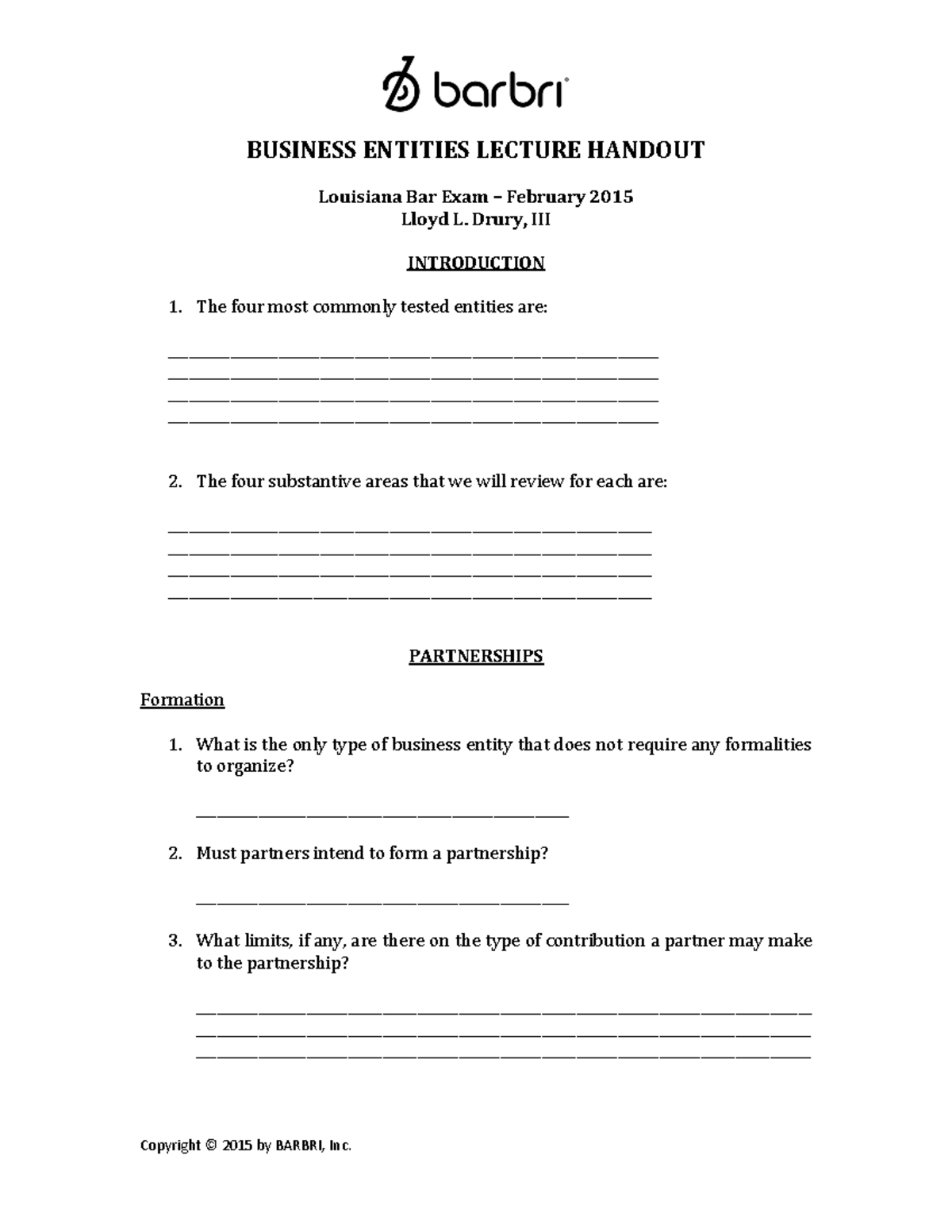 Business Entities Handout For any exam - Copyright © 2015 by BARBRI ...