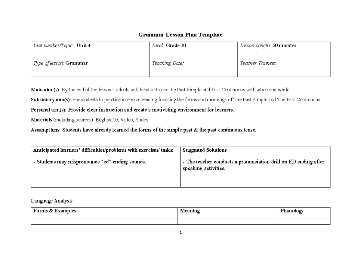 Grammar lesson plan - Task 2 - Grammar Lesson Plan Template Unit number ...