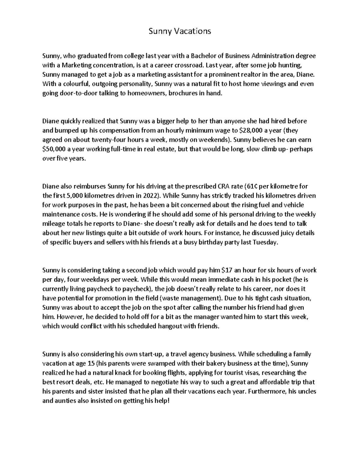 Sunny Vacations - I need a summary report - Sunny Vacations Sunny, who graduated from college ...