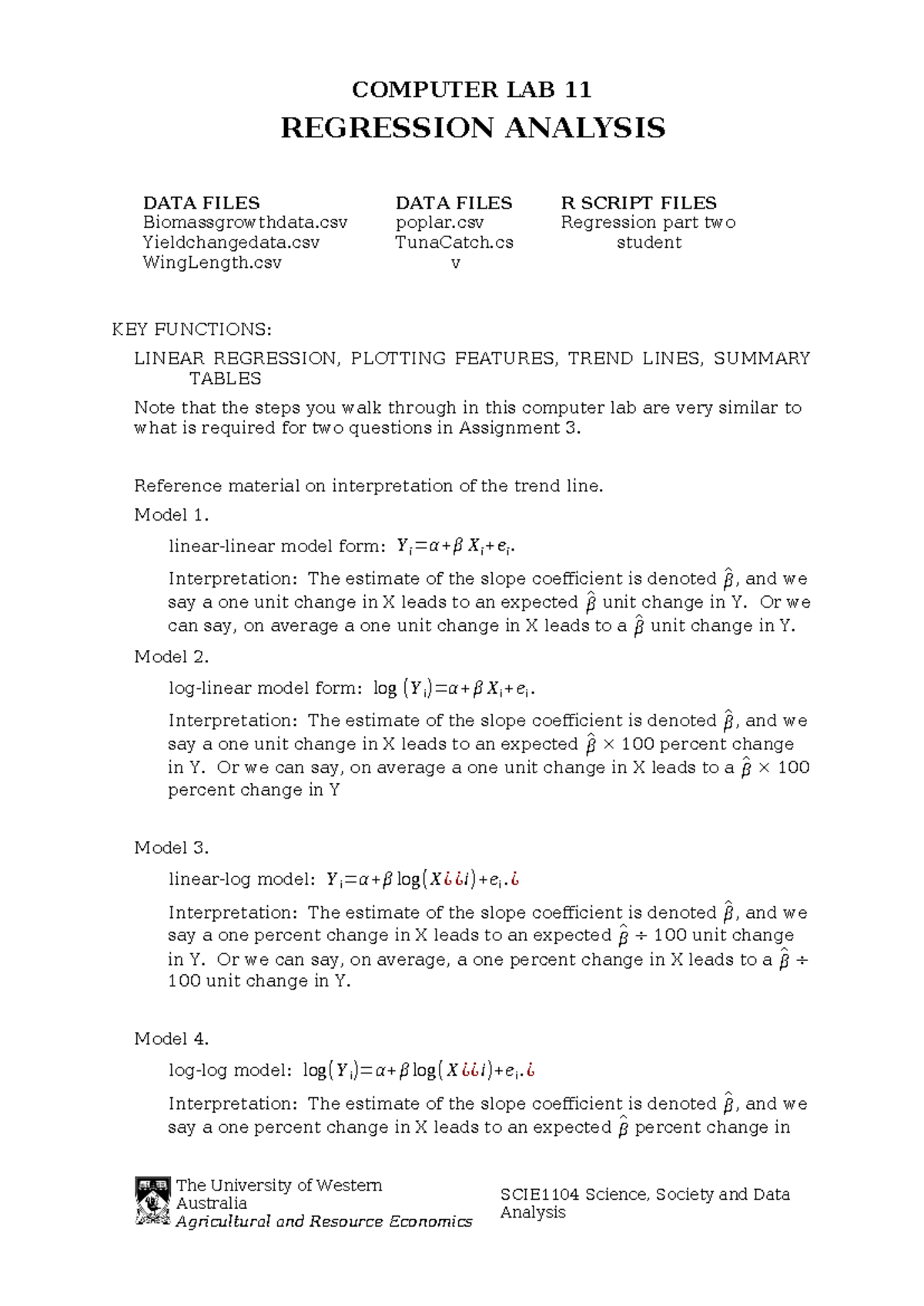 Computer Lab 11 2023 - COMPUTER LAB 11 REGRESSION ANALYSIS DATA FILES Biomassgrowthdata - Studocu