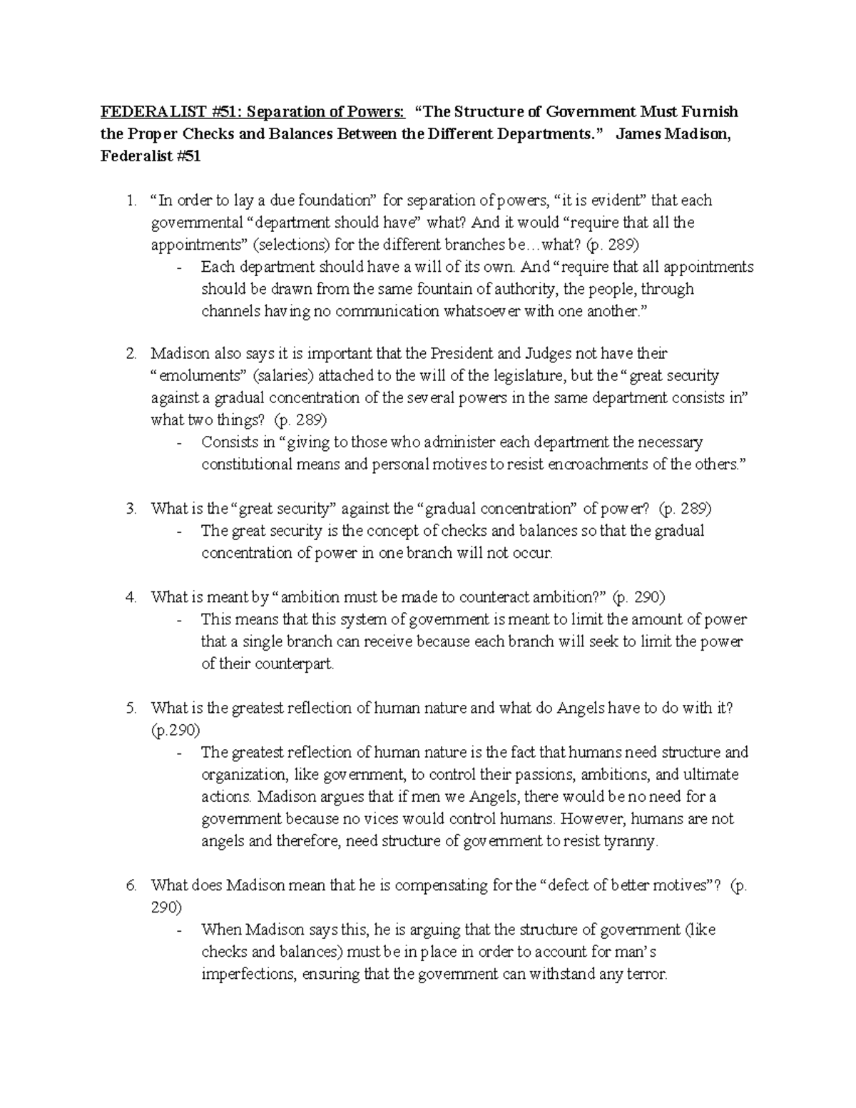Federalist #51 - FEDERALIST #51: Separation of Powers: “The Structure ...