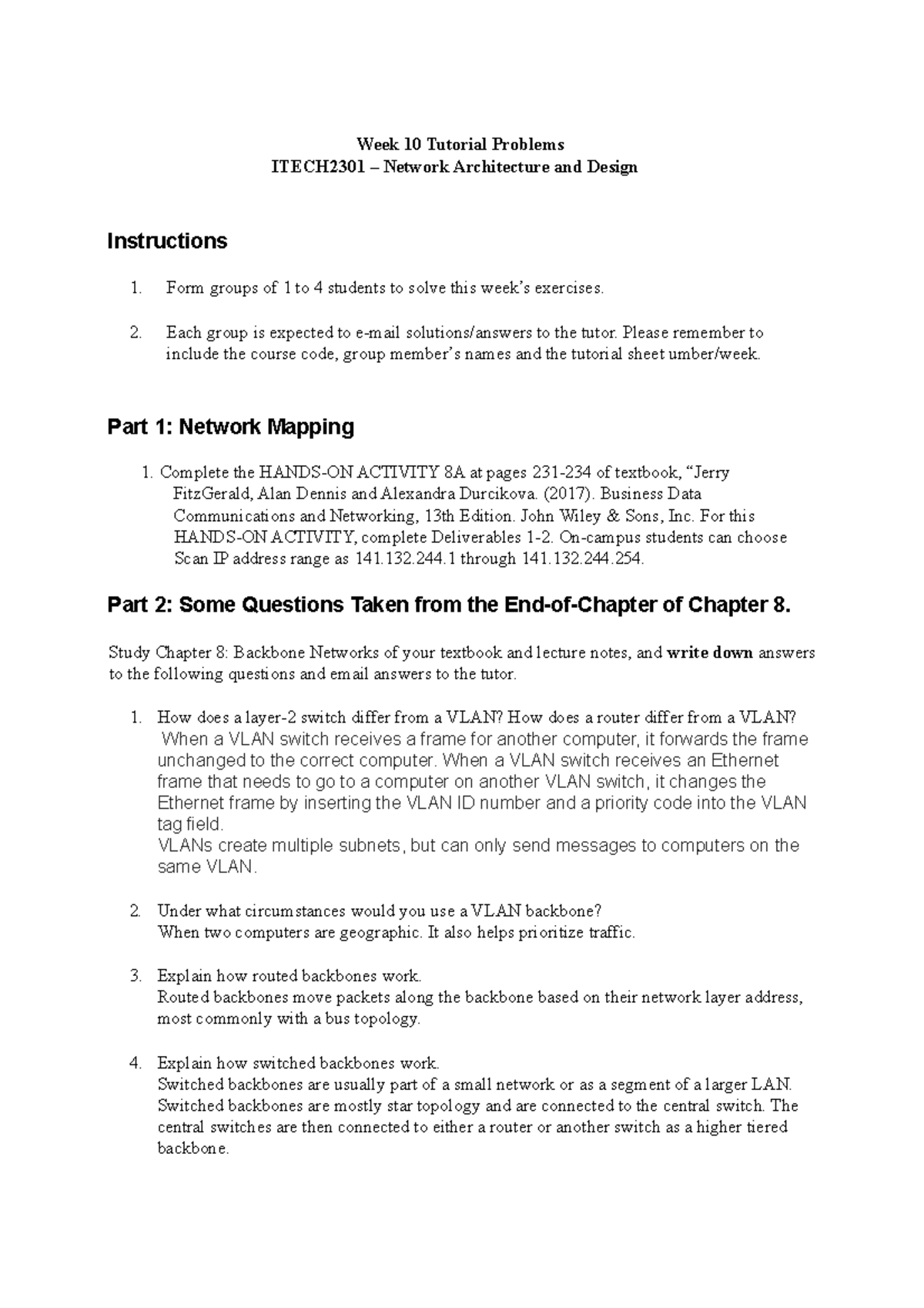 Week10 tutorial 2301 - Week 10 Tutorial Problems ITECH2301 – Network ...