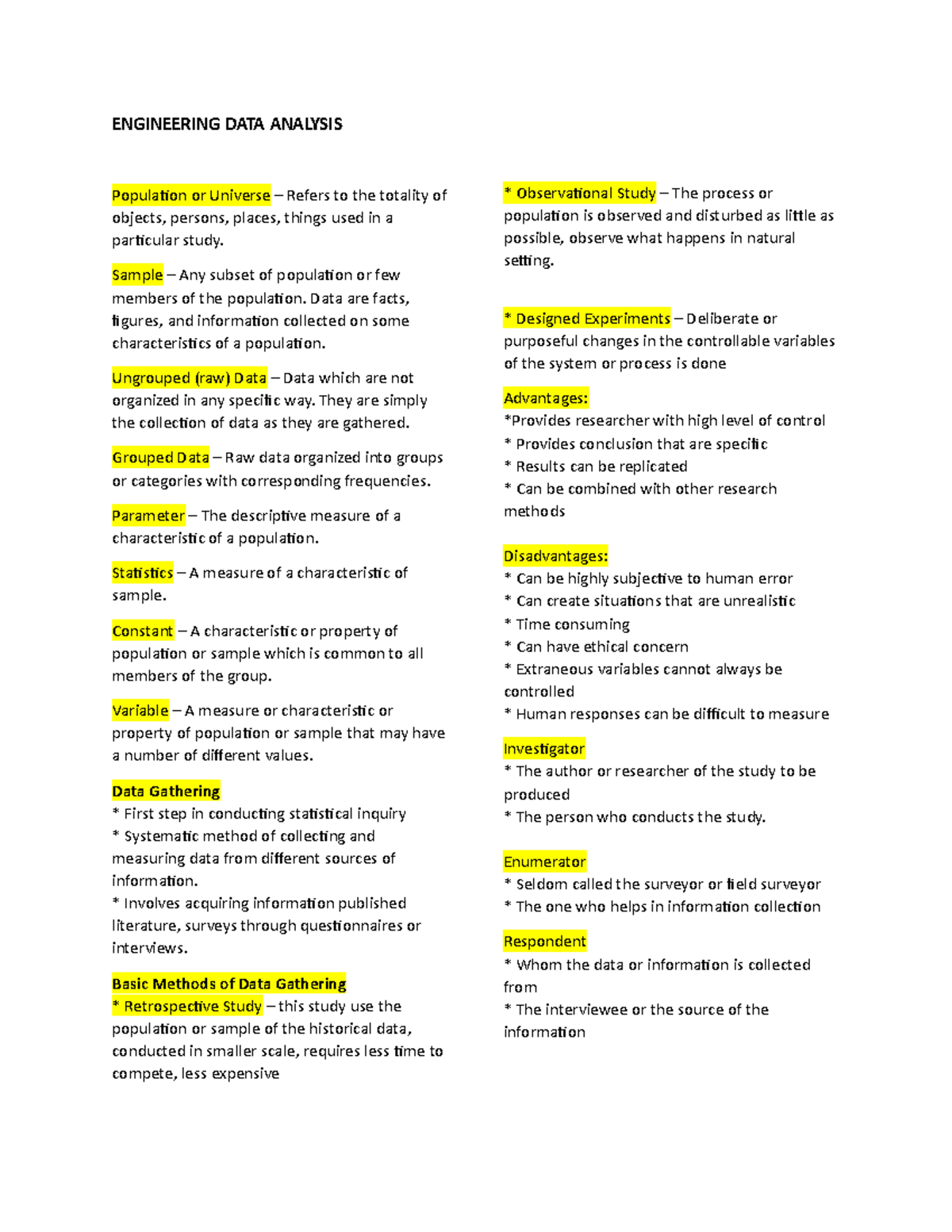 EDA Reviewer - reveiewer - ENGINEERING DATA ANALYSIS Population or ...