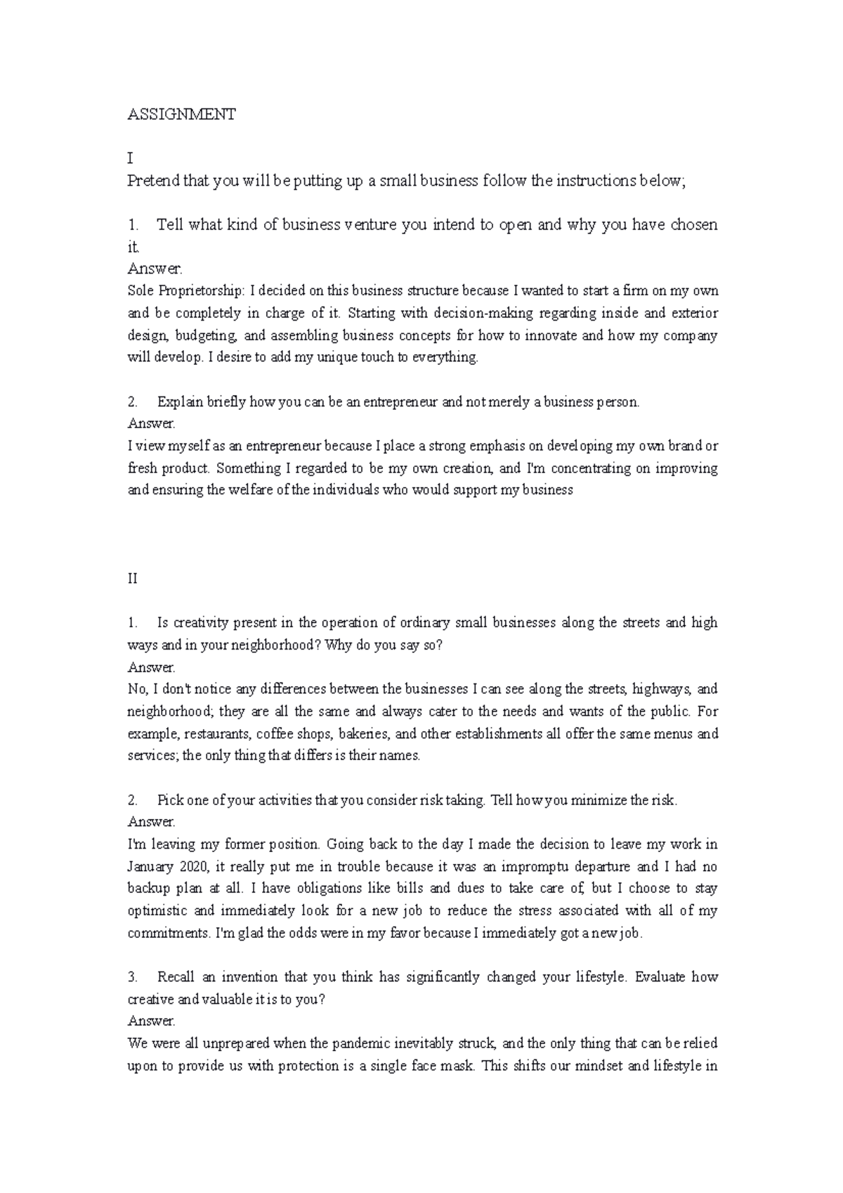 Crisostomoj-EN101 - Assignment - ASSIGNMENT I Pretend that you will be ...