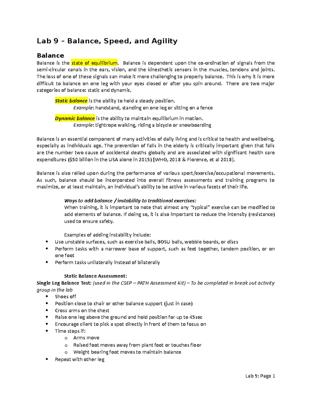 KINE 1020 Lab 9 - Balance, - Lab 9 – Balance, Speed, and Agility Balance Balance is the state of ...