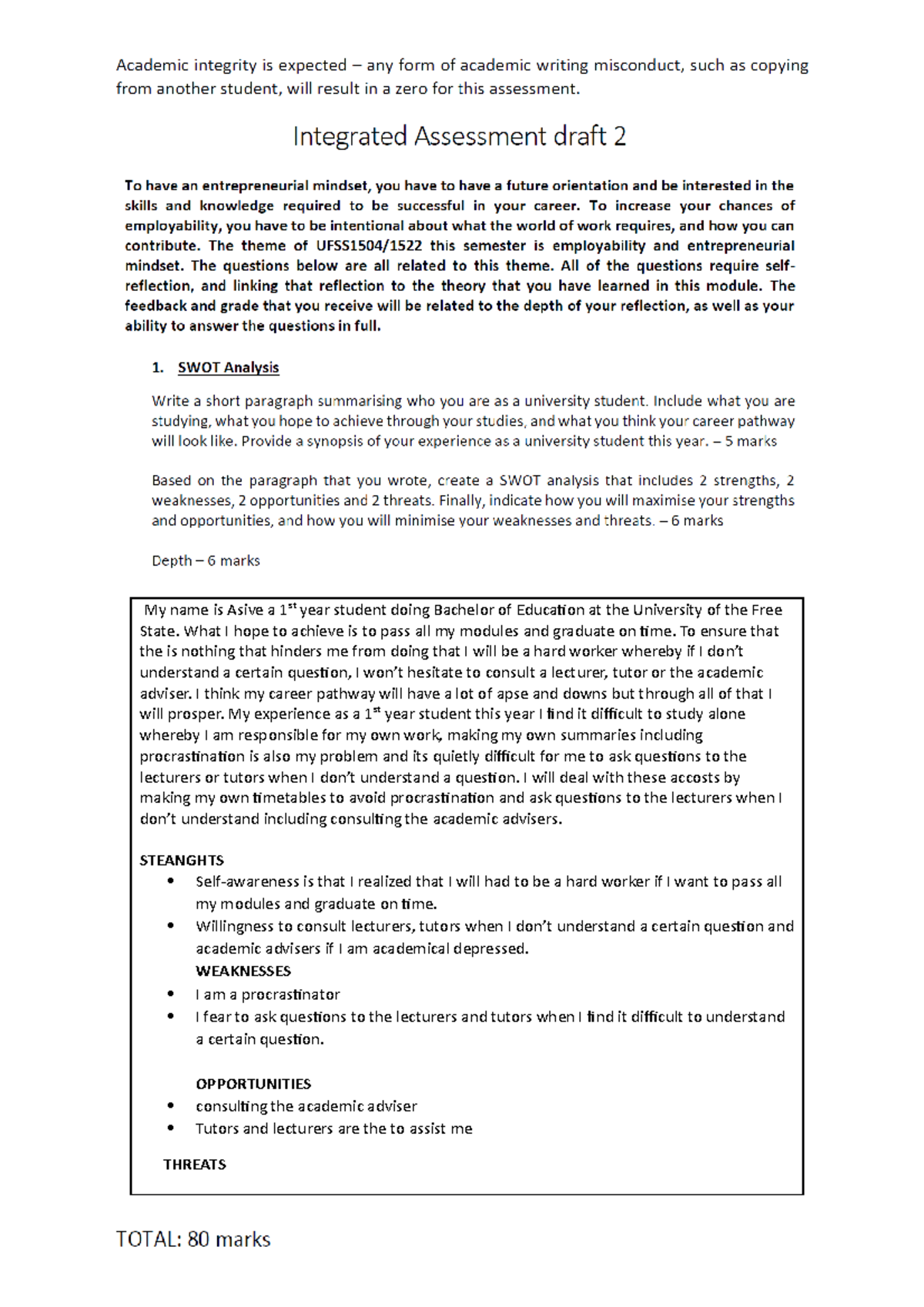 Integrated Assessment Worksheet - 2021 Final - My name is Asive a 1st ...