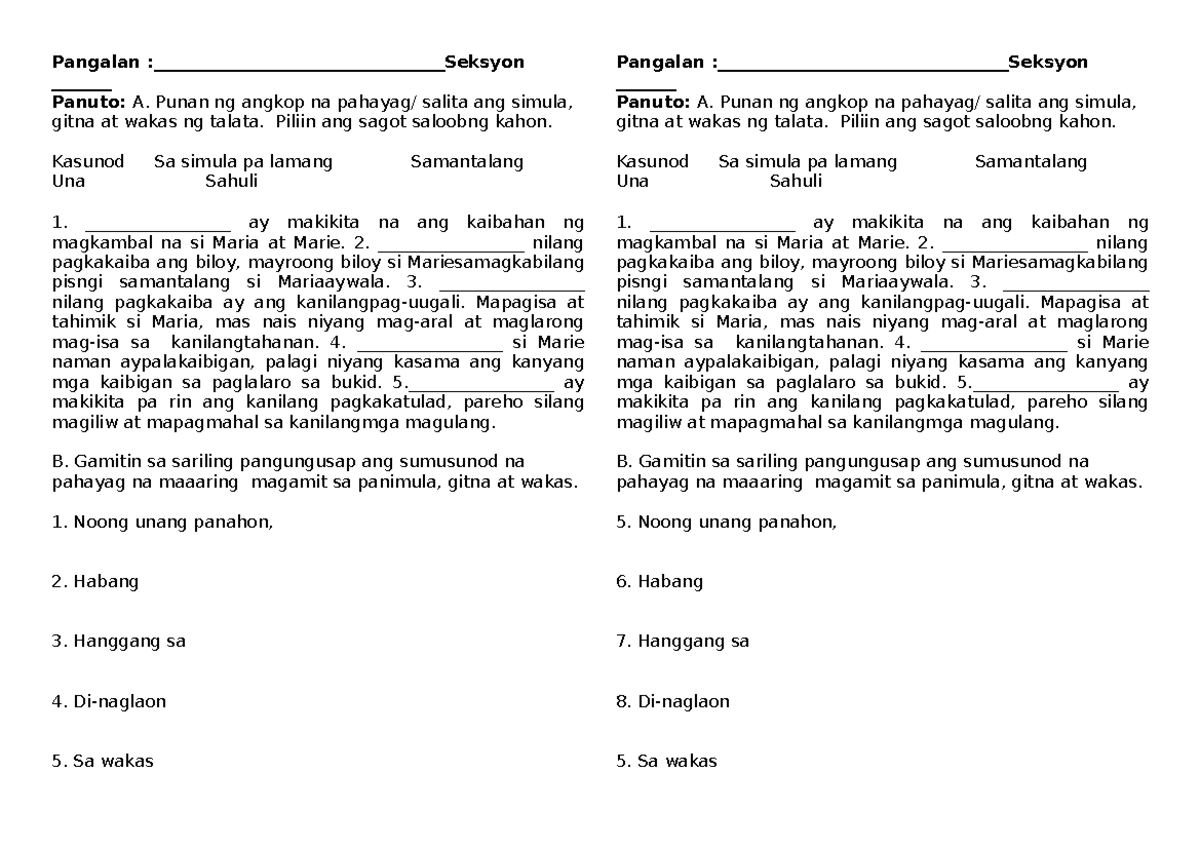 Quiz - Pangalan :__________________________________Seksyon Panuto: A. Punan ng angkop na pahayag ...