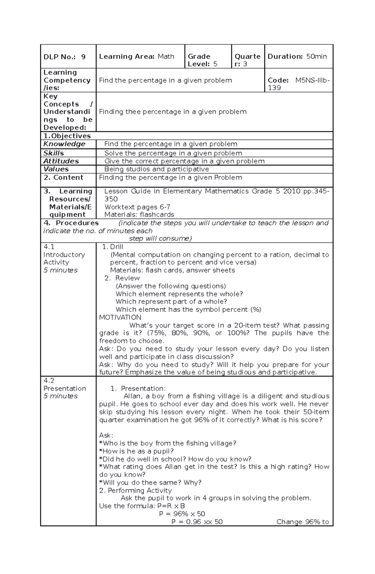 COT DLP Mathematics 5 Finding the percentage in a given Problem - DLP ...
