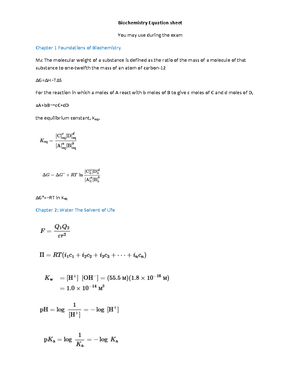 Biochemistry Equation Sheet for Ch. 1 -9 - Biochemistry Equation sheet ...