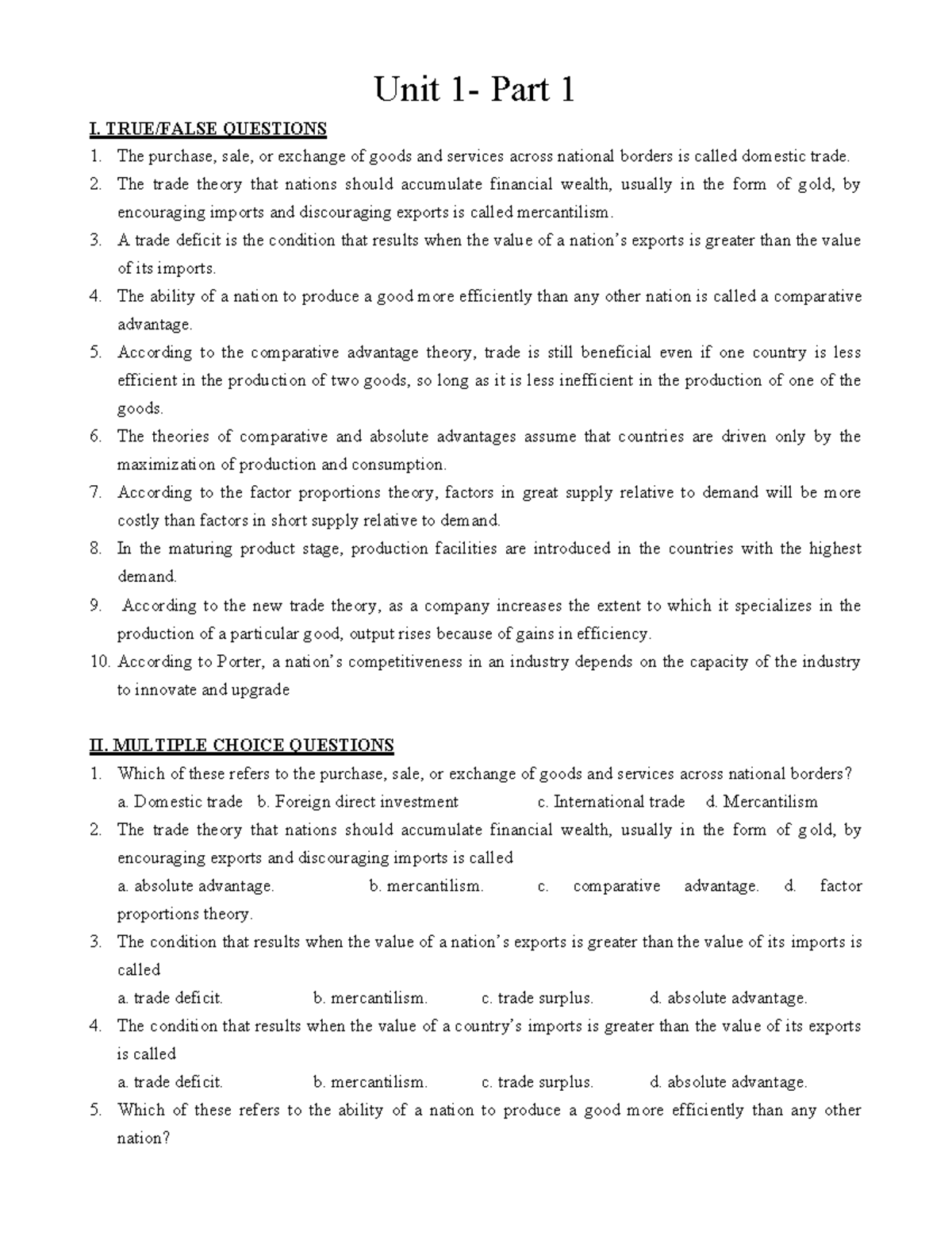 Unit 1- Part 1 - Exercises - to sts - Unit 1- Part 1 I. TRUE/FALSE QUESTIONS The purchase, sale ...