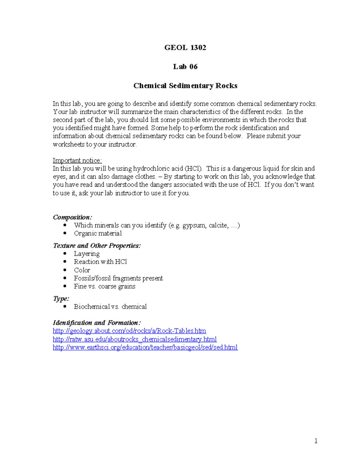 GEOL 1302 - Lab 06 - Chem Sed Rocks - GEOL 1302 Lab 06 Chemical ...
