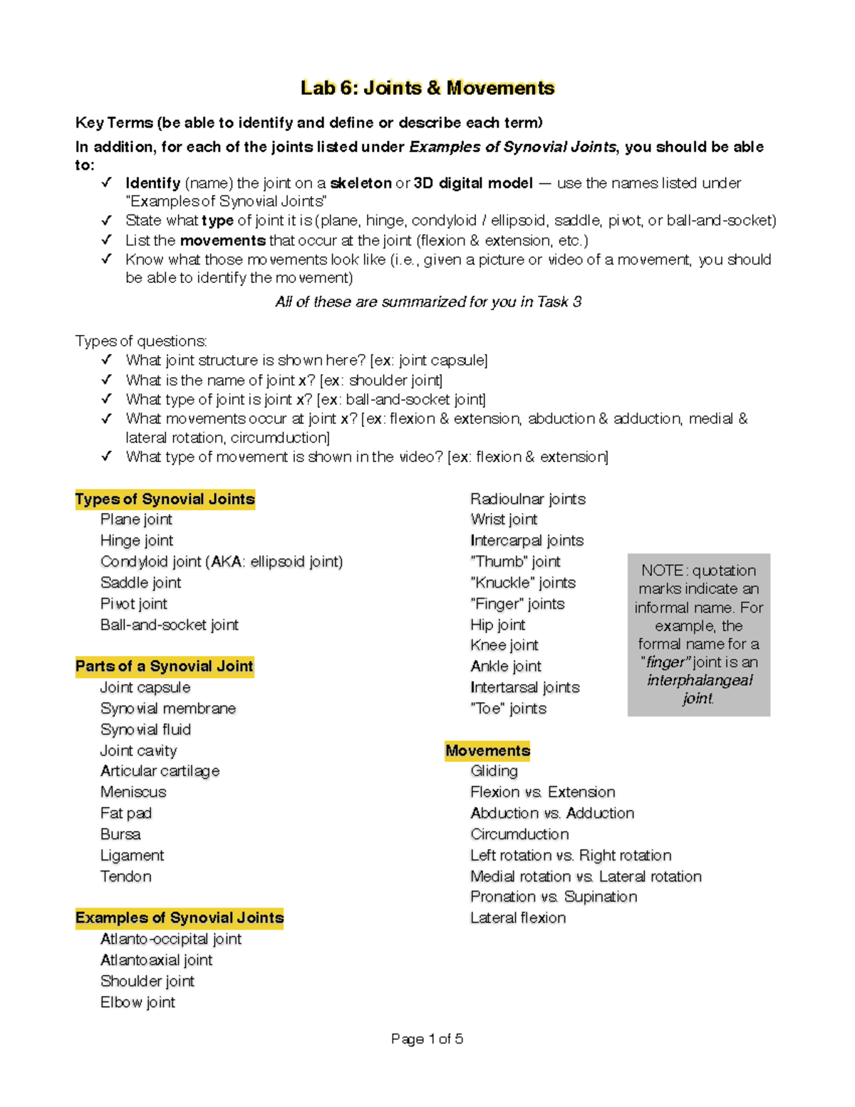 Lab 6. Joints & Movements with links - Lab 6: Joints & Movements Key ...