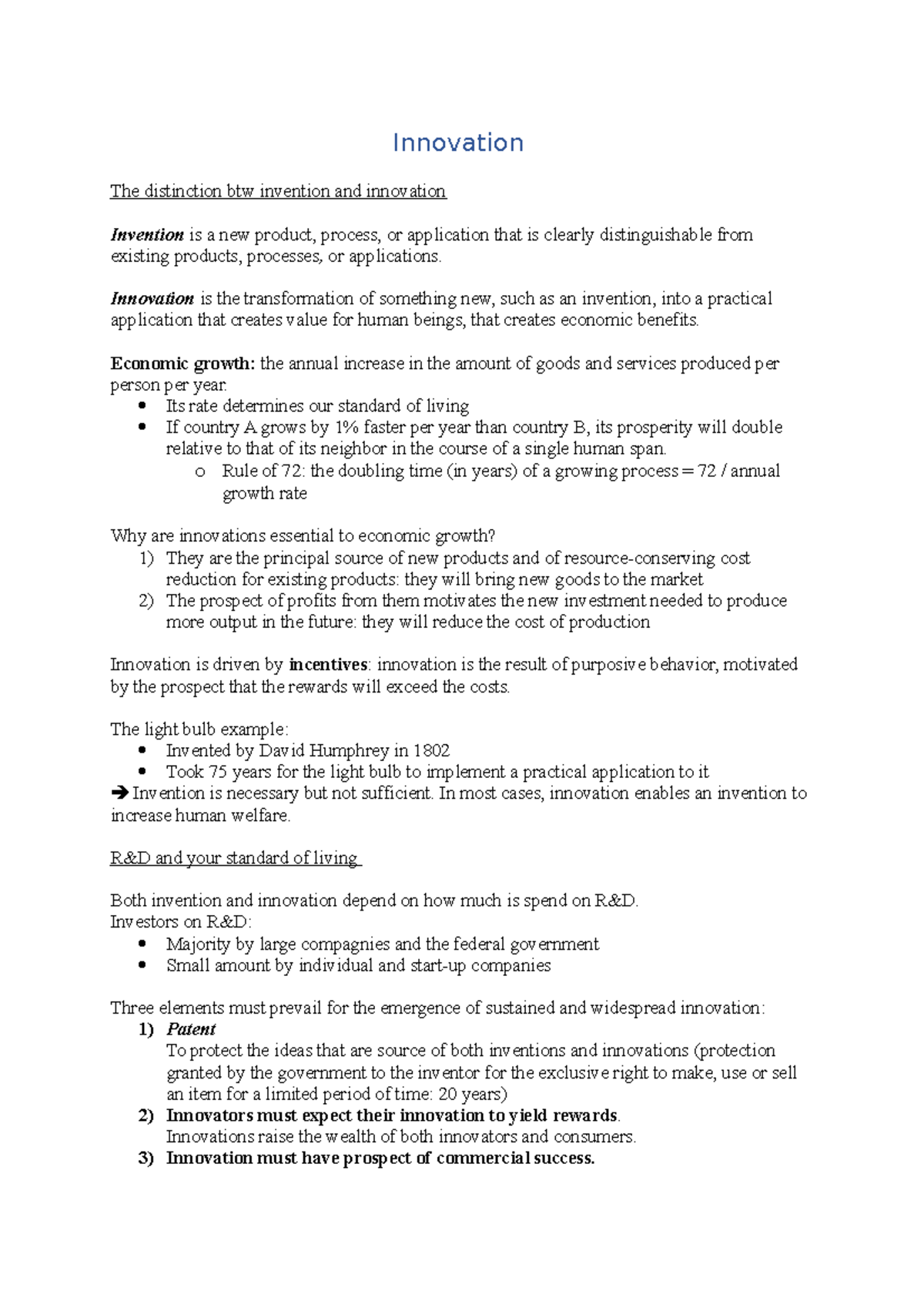 Innovation Fiche - Lecture notes - Innovation The distinction btw ...