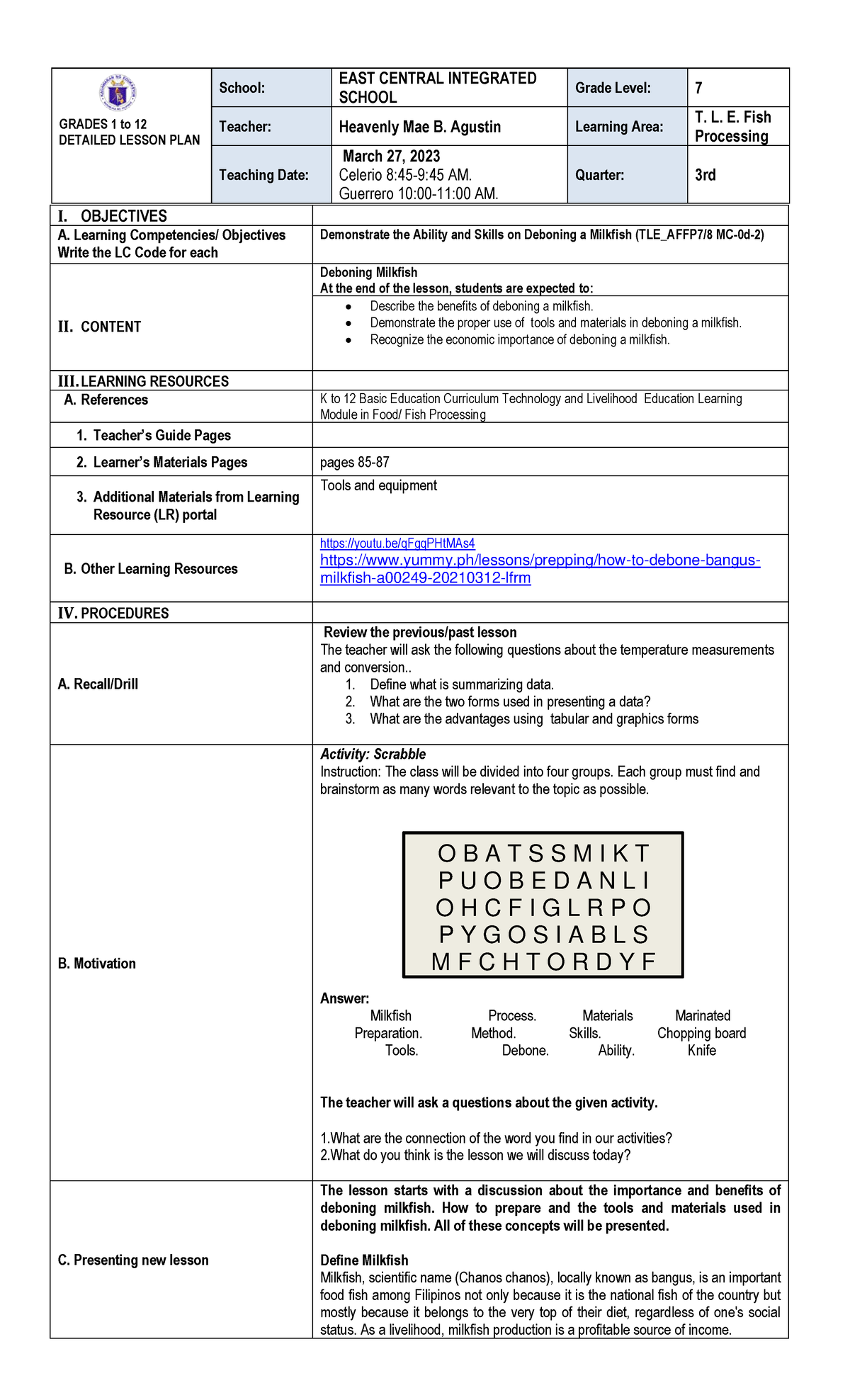 DLP March 25 - Cookery 7 - GRADES 1 to 12 DETAILED LESSON PLAN School ...