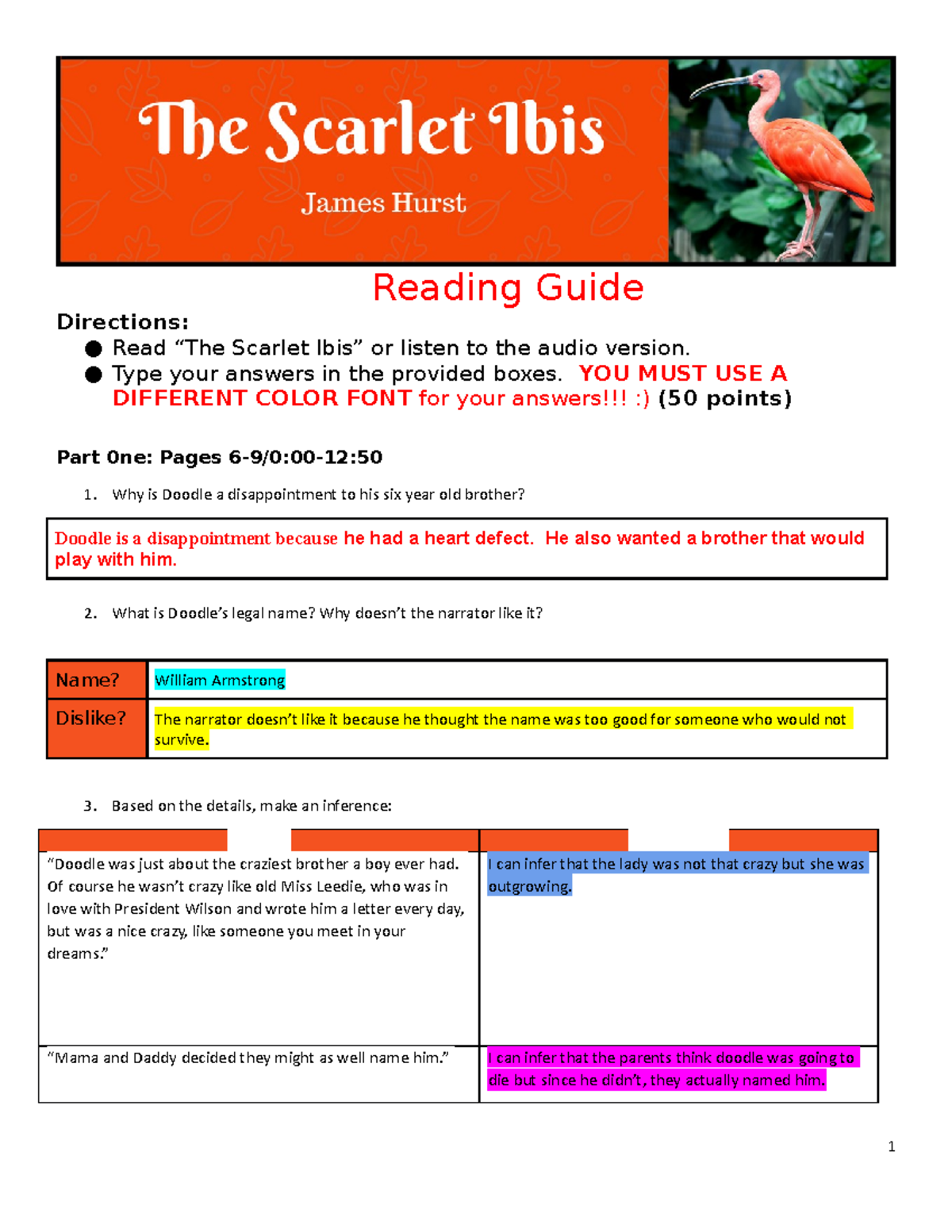Copy of The Scarlet Ibis Reading Guide - Reading Guide Directions: Read ...
