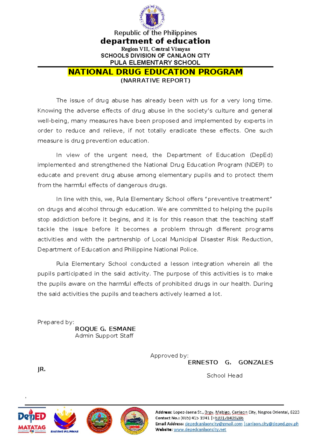 Narrative Report NDEP PULA ES - Republic of the Philippines department ...