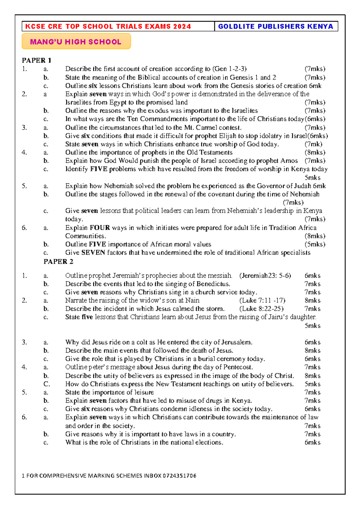 CRE TOP School 2024 - PAPER 1 1. a. Describe the first account of ...