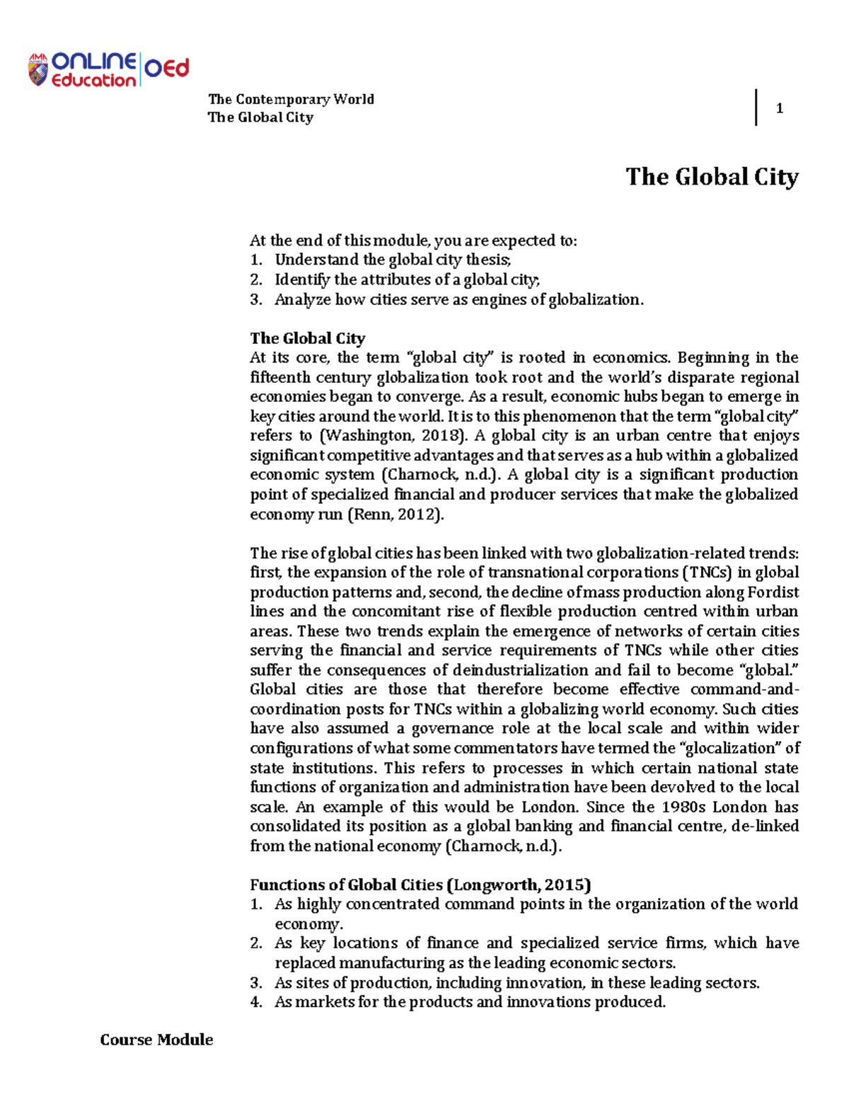 TCW Week 08 - 123 - The Contemporary World The Global City 1 Course ...