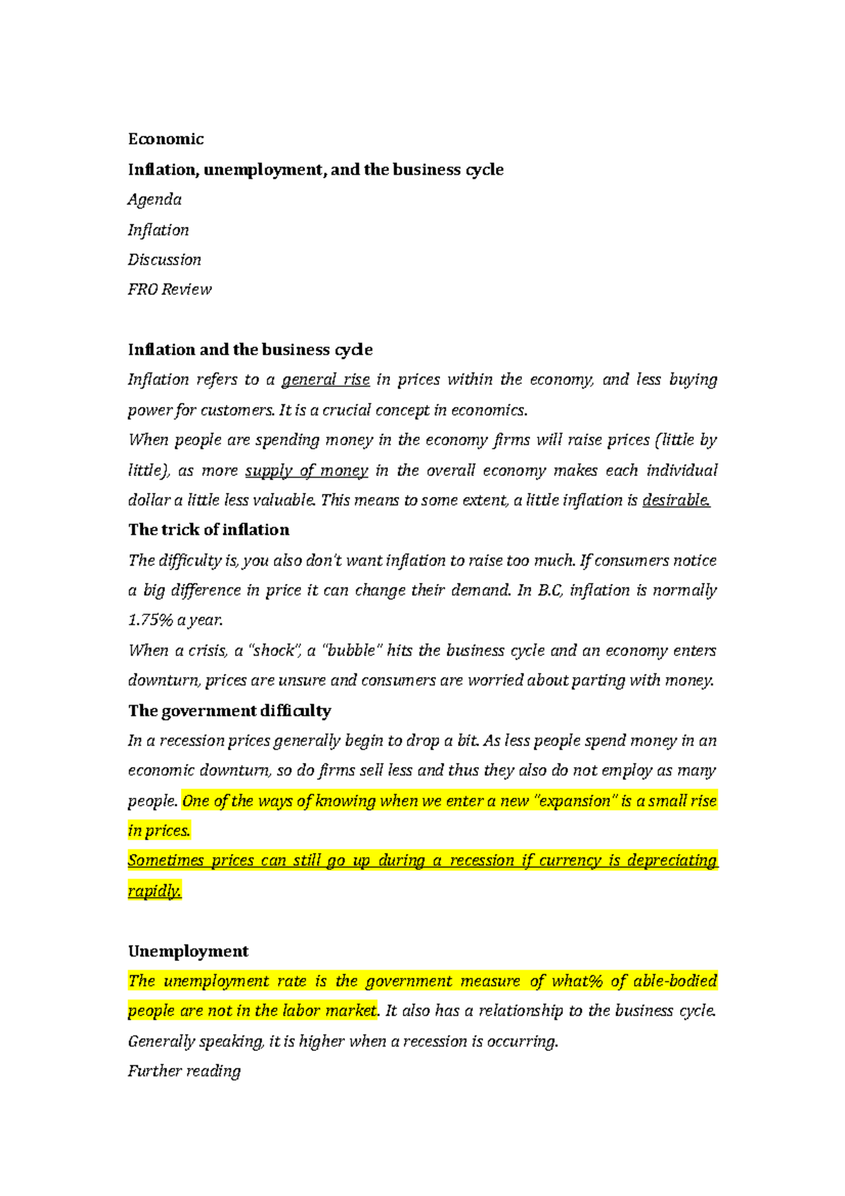 Econ209 - macroeconomics - Economic Inflation, unemployment, and the ...