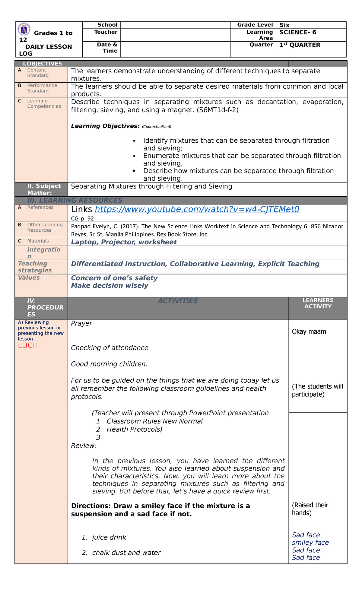 Q1 science 6 Separating Mixtures detailed - Grades 1 to 12 DAILY LESSON ...