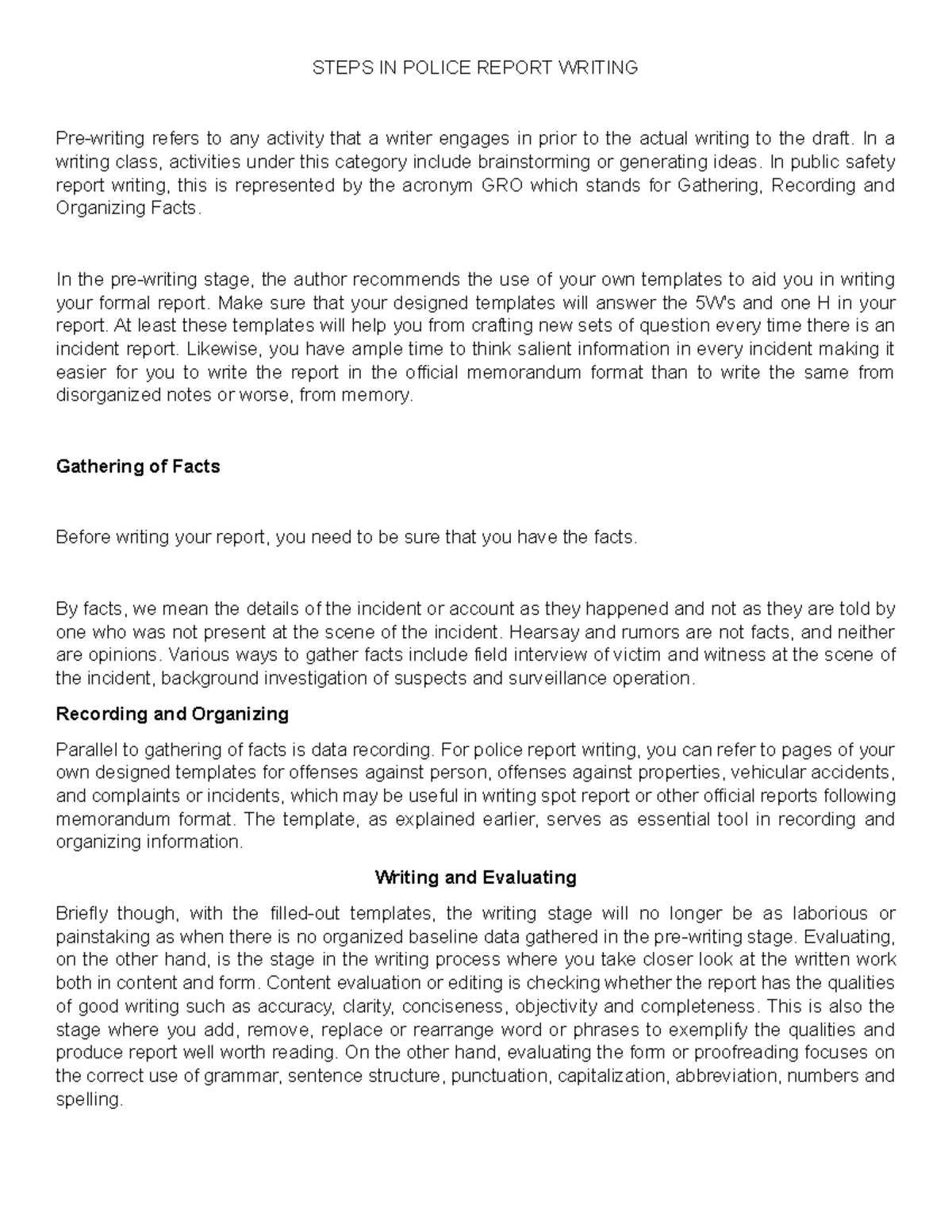 Steps IN Police Report Writing - STEPS IN POLICE REPORT WRITING Pre ...