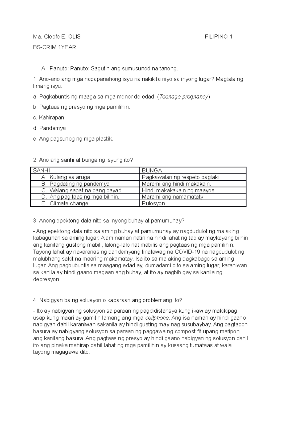 Activity in filipino - fil - Ma. Cleofe E. OLIS FILIPINO 1 BS-CRIM ...