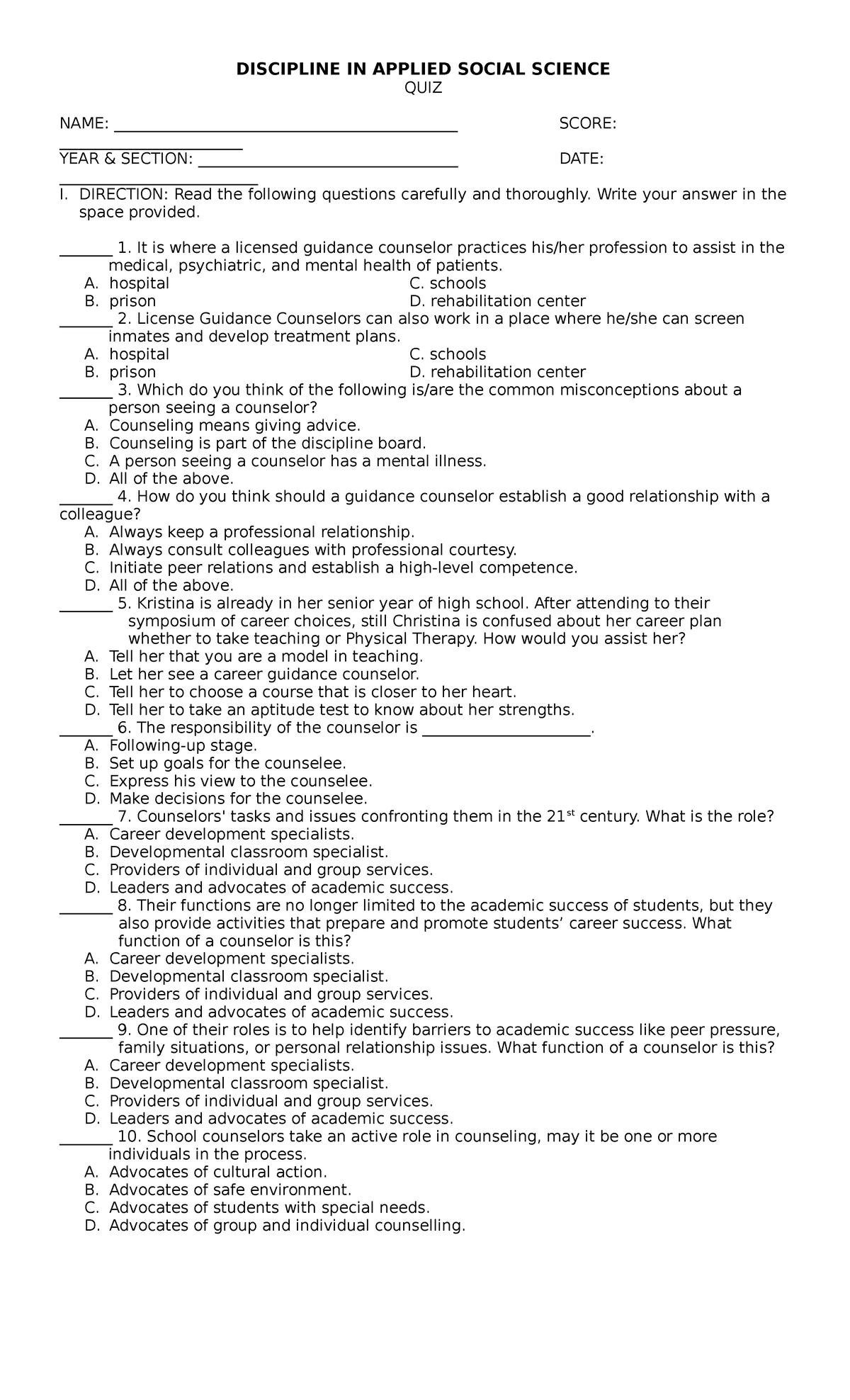 Quiz - Discipline IN Applied Social Science - DISCIPLINE IN APPLIED ...