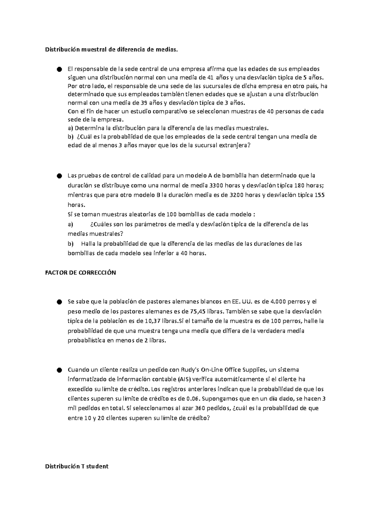 Taller Estadistica - Ejercicios de distribucion muestral de medias - Distribución muestral de ...