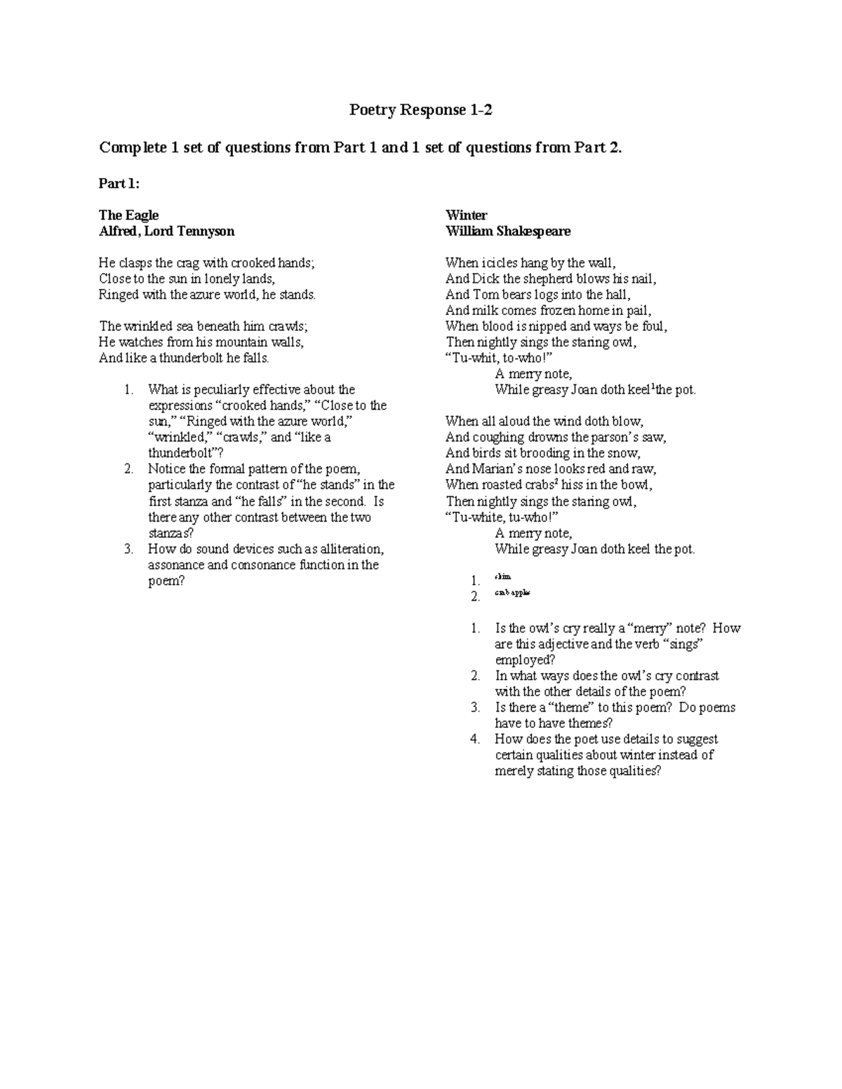 Poetry 1-2 - Poetry Response 1- Complete 1 set of questions from Part 1 ...
